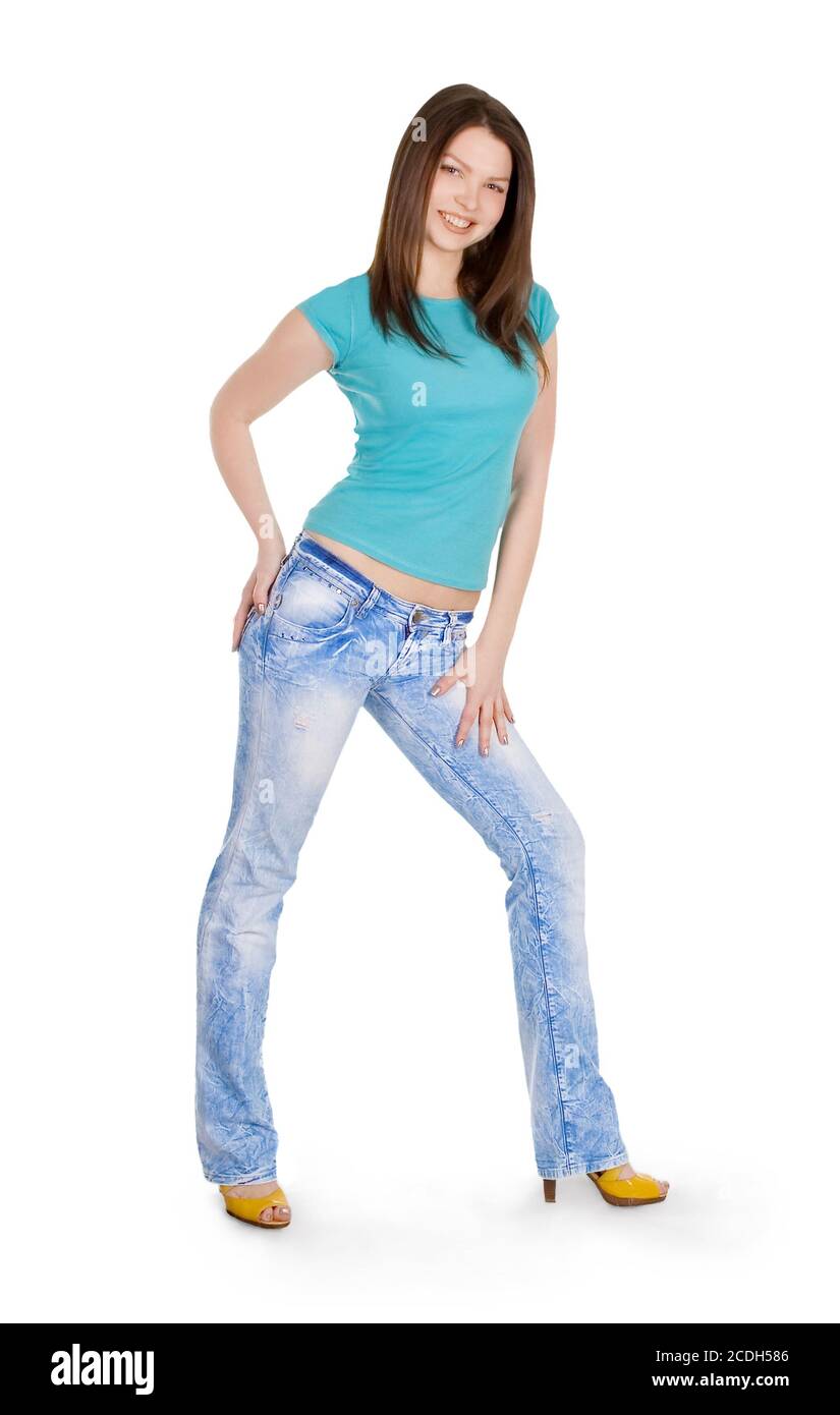 young lady standing against isolated white background Stock Photo - Alamy