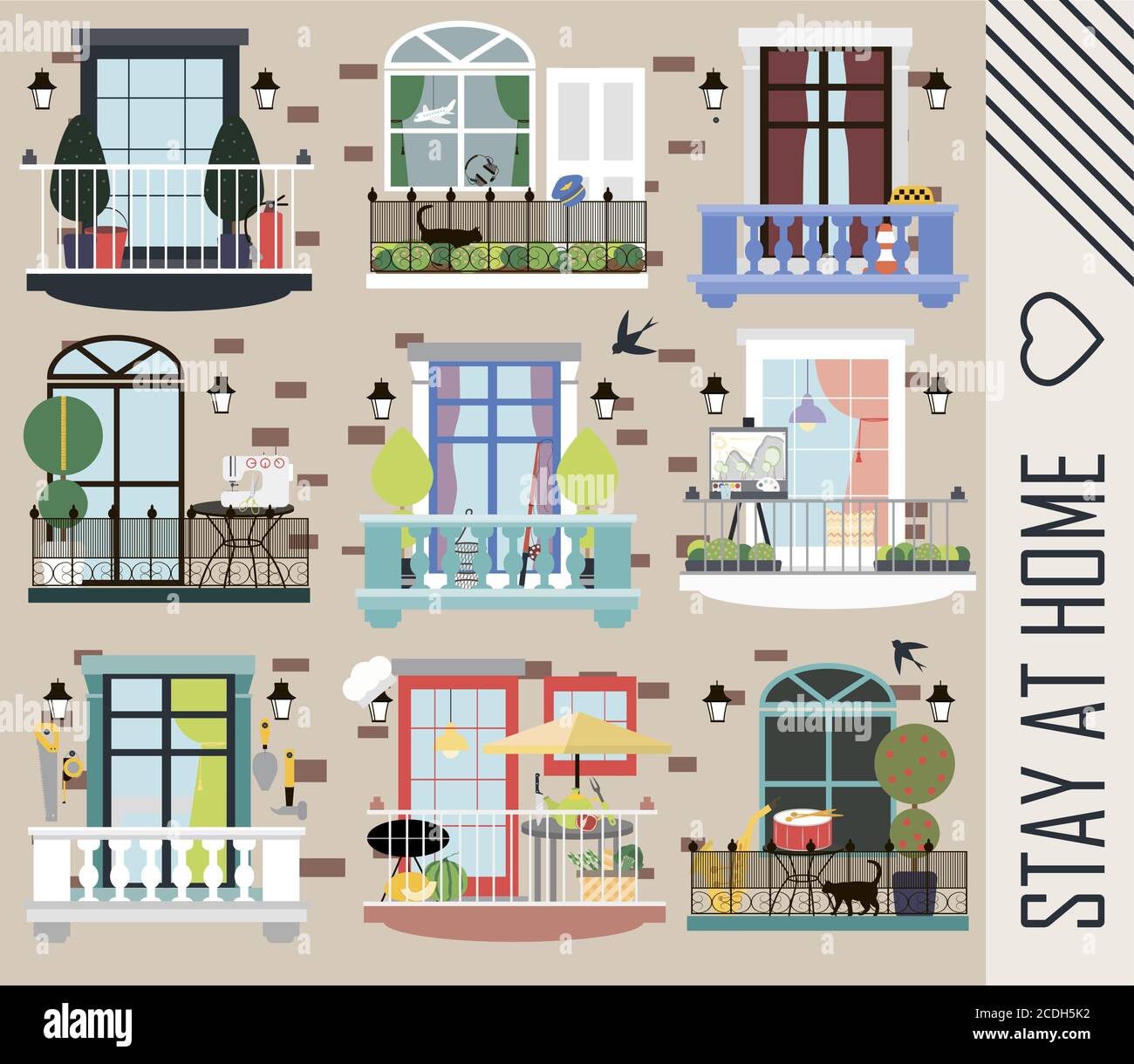 multi-storey brick house with different balconies and items of people ...