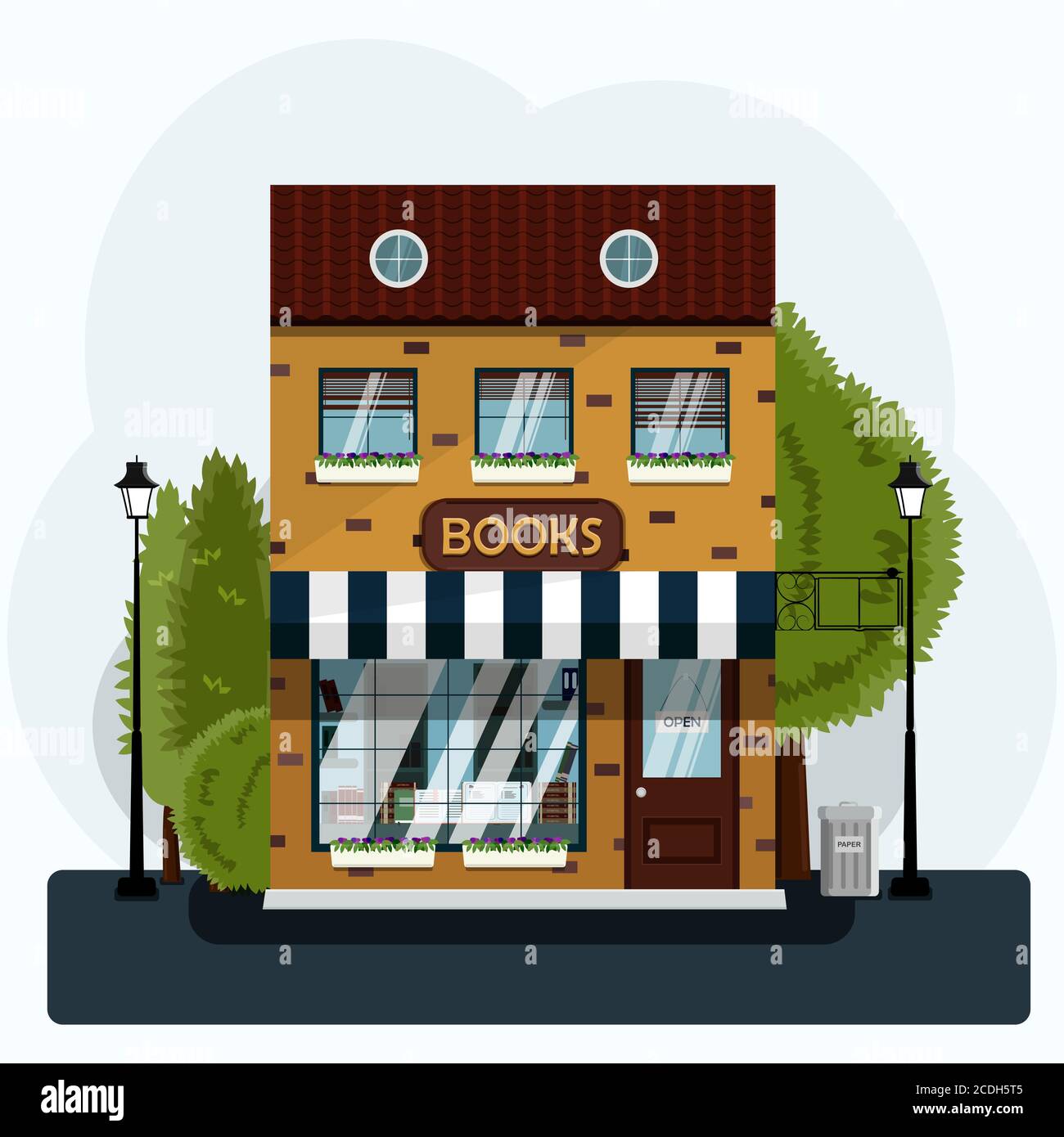 A nice two-story bookstore. Flat vector illustration of a brick ...