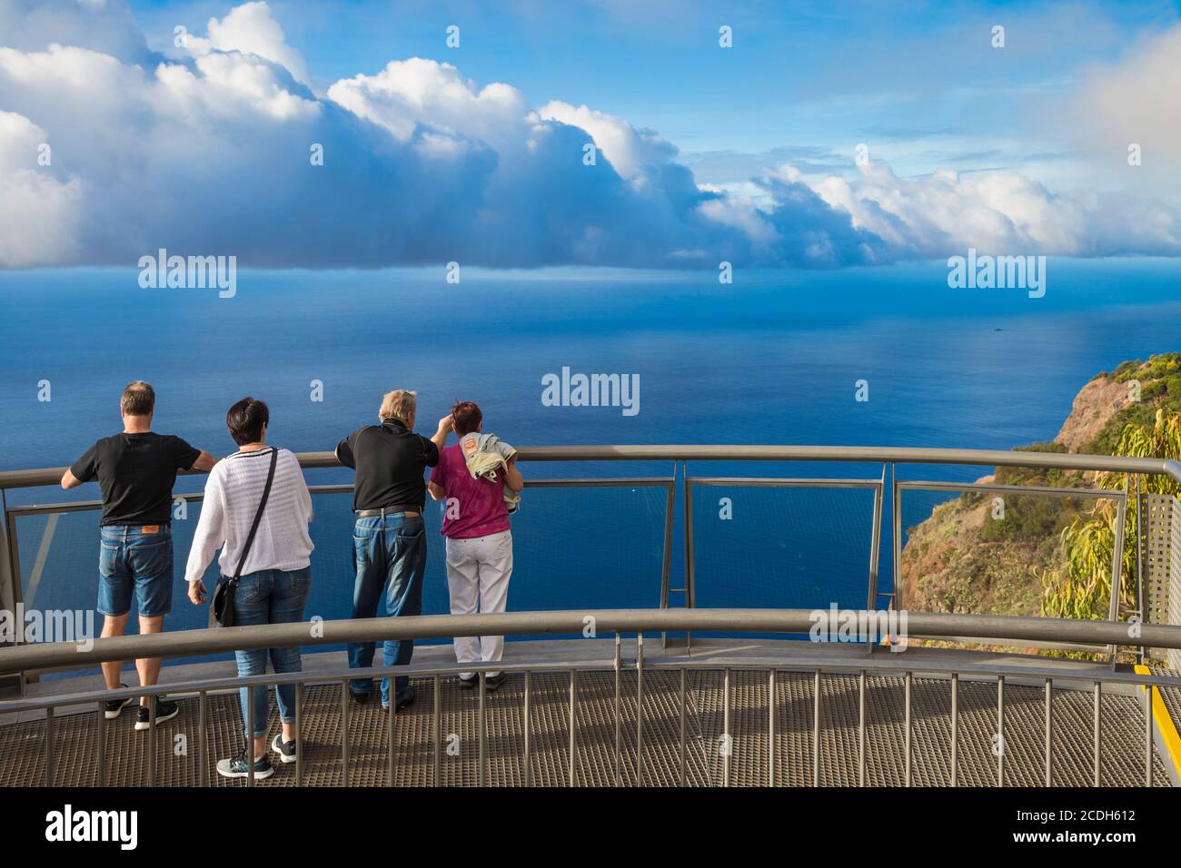 Portugal, Madeira, Funchal, Cabo Girao, Tourist look at view from glass ...