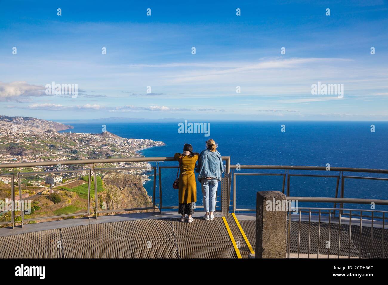 Portugal, Madeira, Funchal, Cabo Girao, Tourist look at view from glass ...