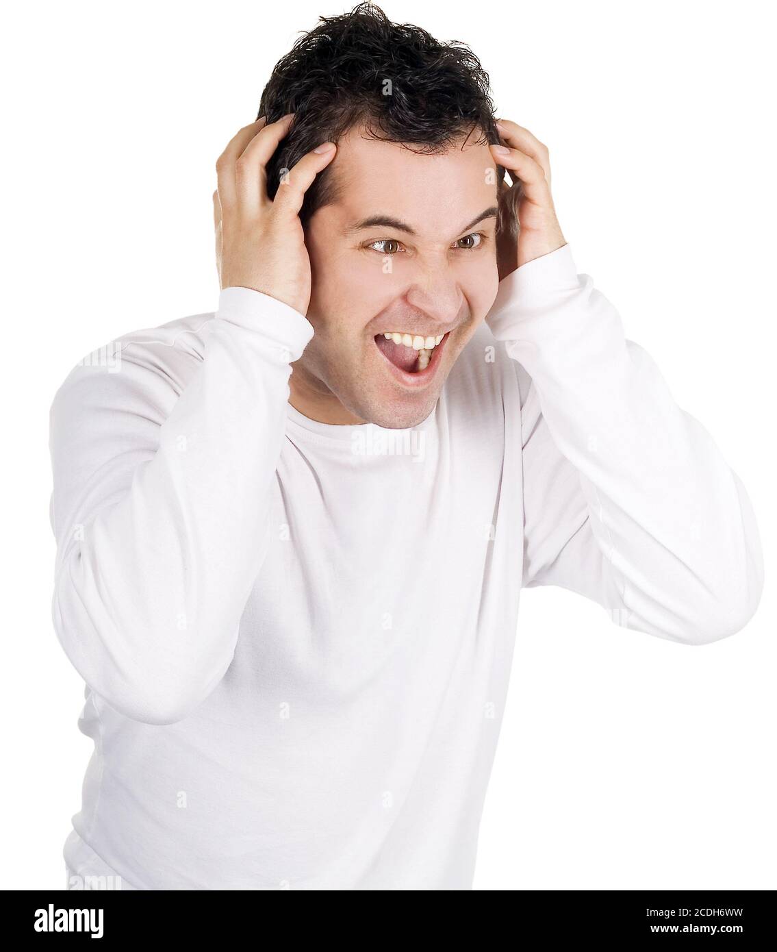 Angry man screaming isolated over white Stock Photo - Alamy