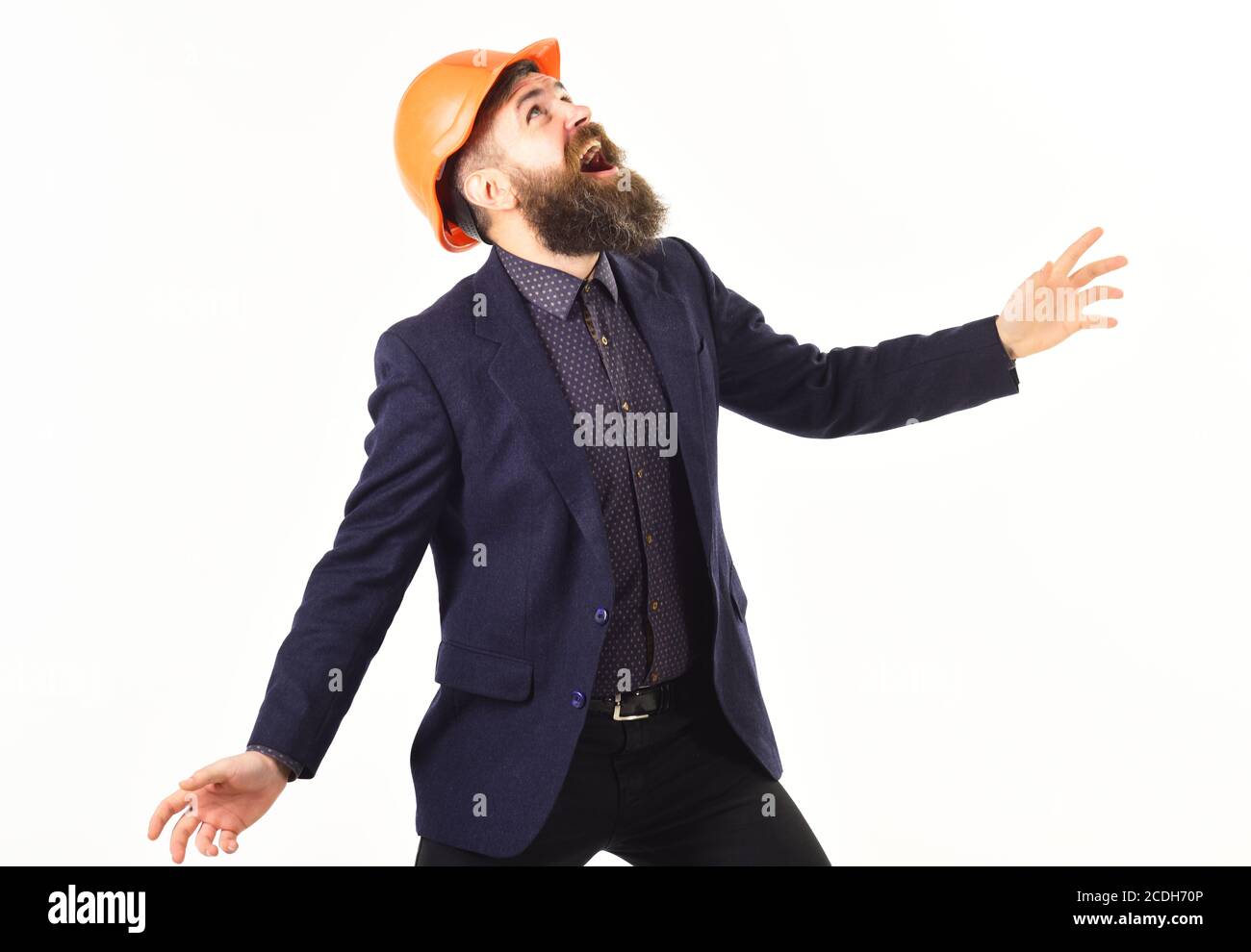 Emergency on construction concept. Worker shouting about emergency on ...