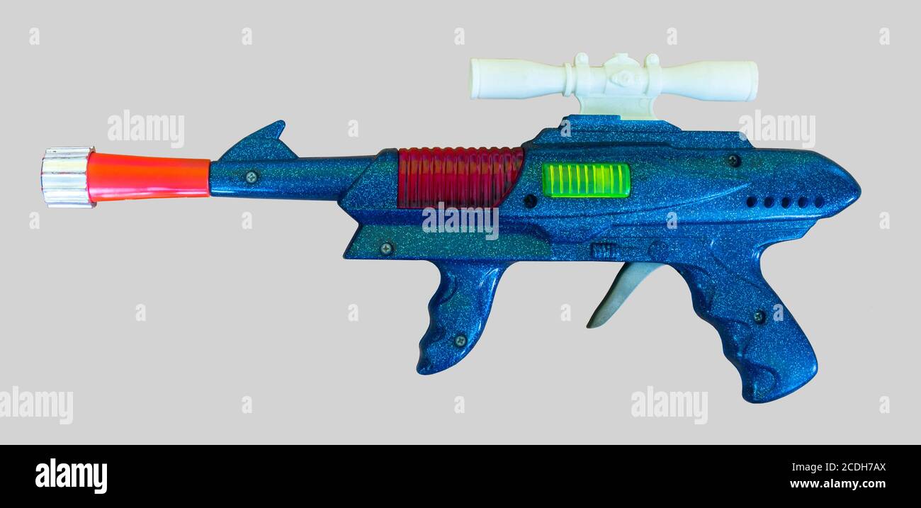 Ultra space raygun toy / Isolated white blue Ultra space raygun with ...
