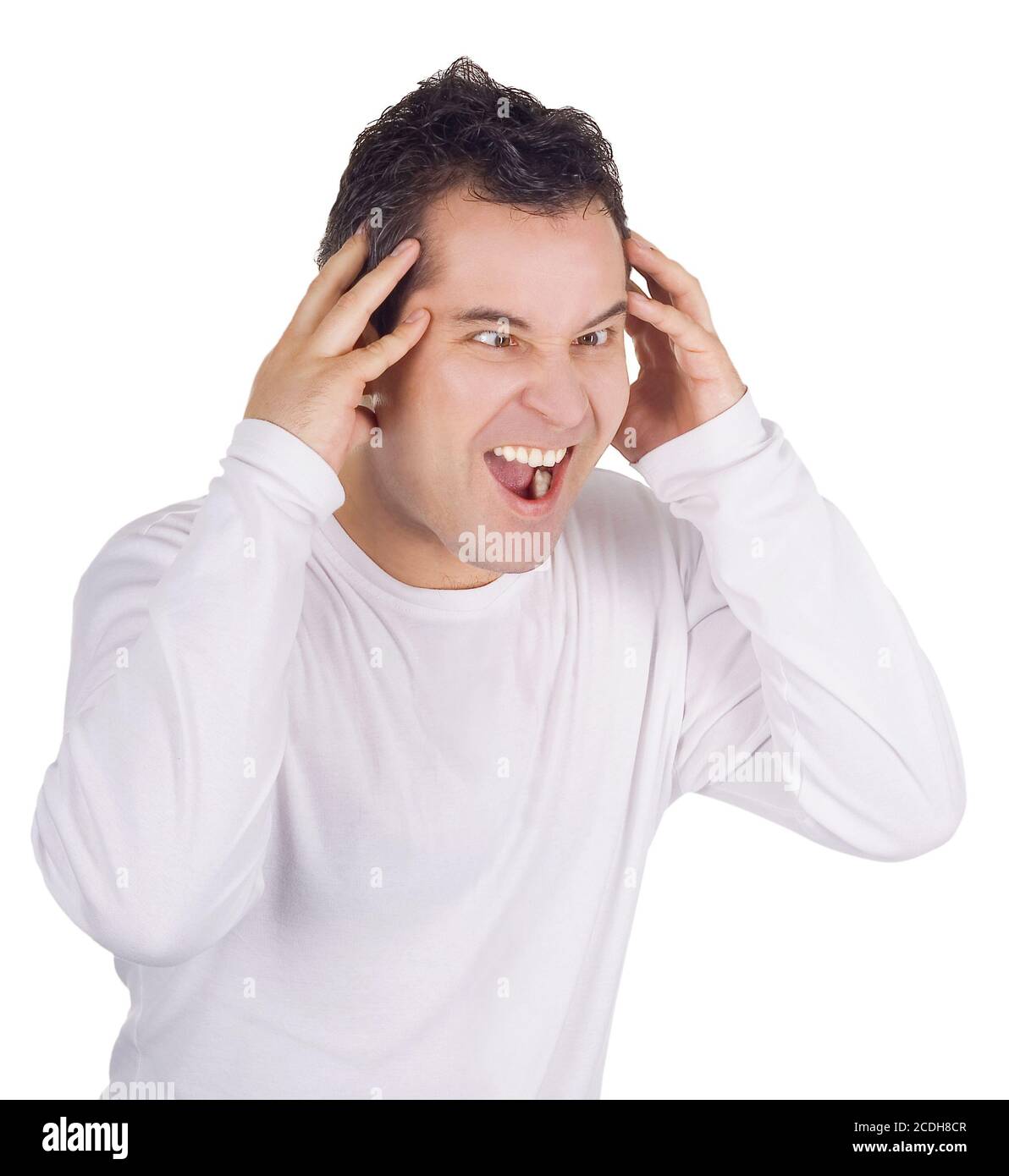 Angry man screaming isolated over white Stock Photo - Alamy