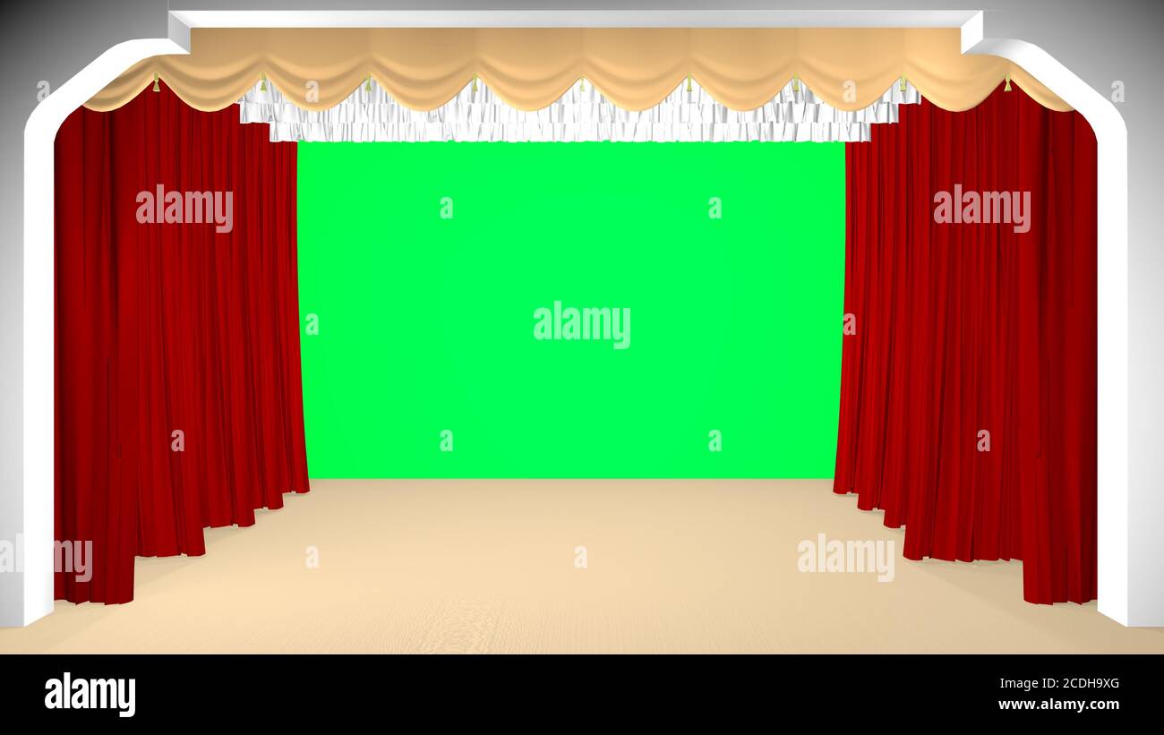 Theater curtain parted, green background. 3D rendering Stock Photo - Alamy