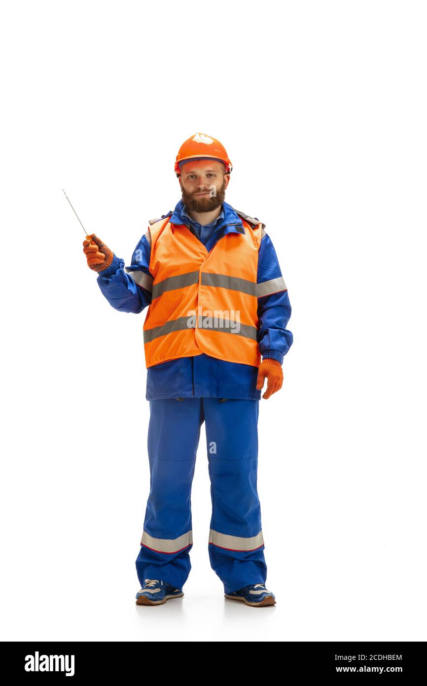 Handsome contractor, builder isolated over white studio background ...