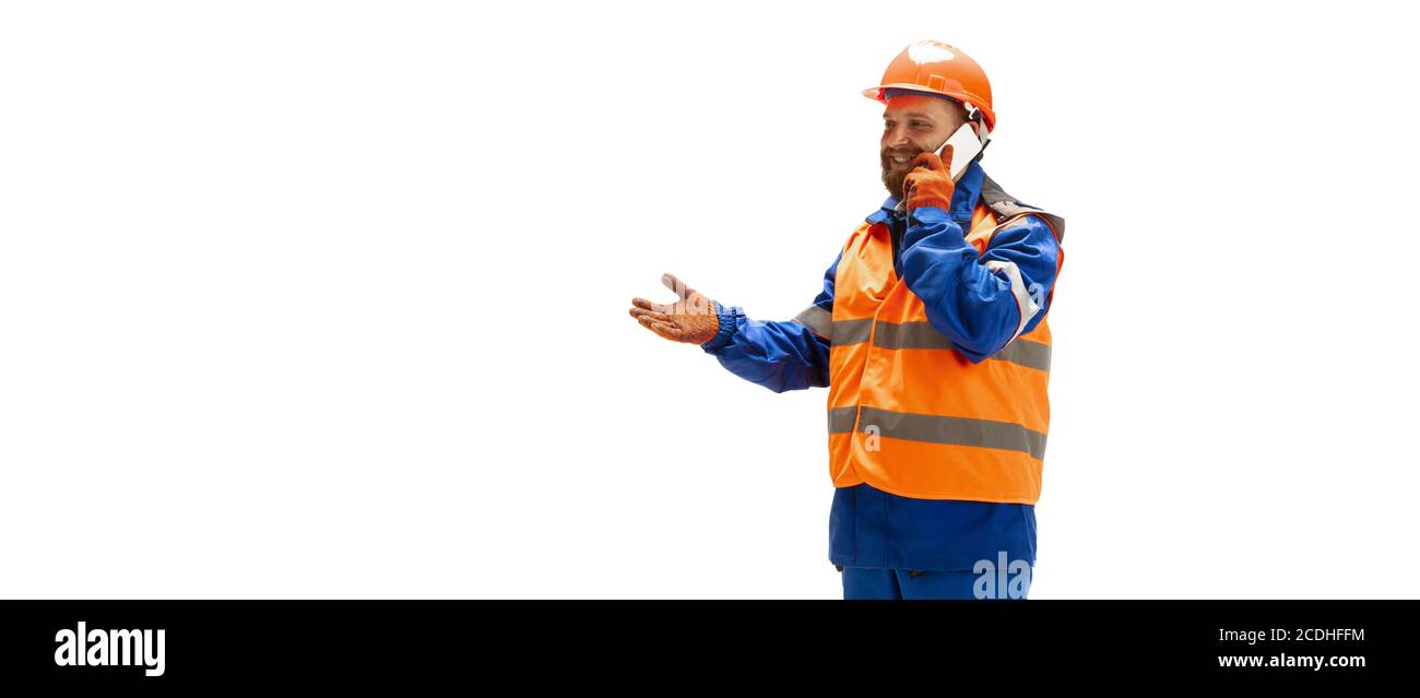 Handsome contractor, builder in face mask isolated over white studio ...