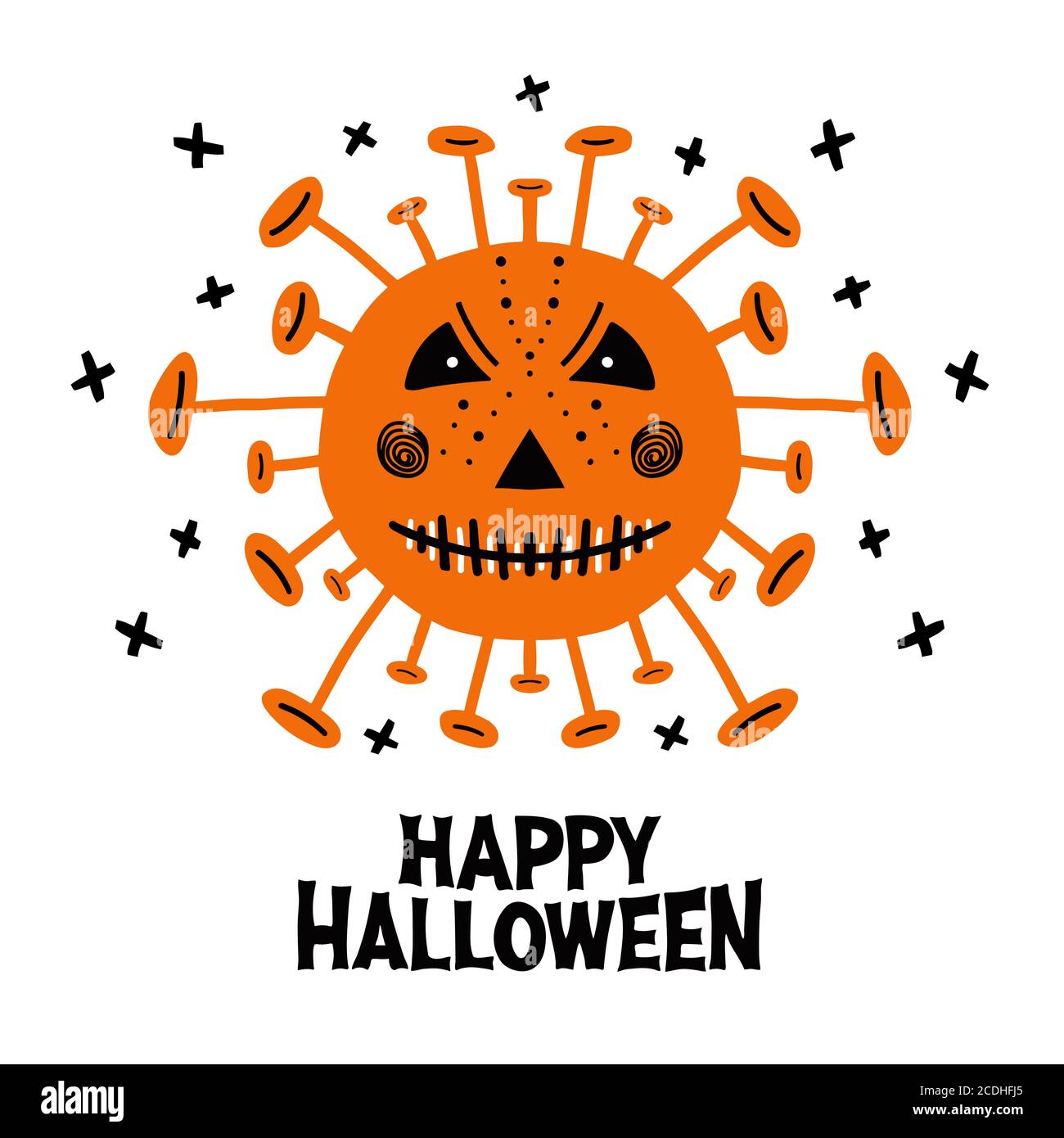 Halloween hand drawn coronavirus bacteria with scary face and lettering ...
