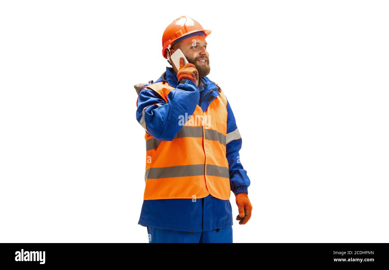 Using device, gadget. Handsome contractor, builder isolated on white ...