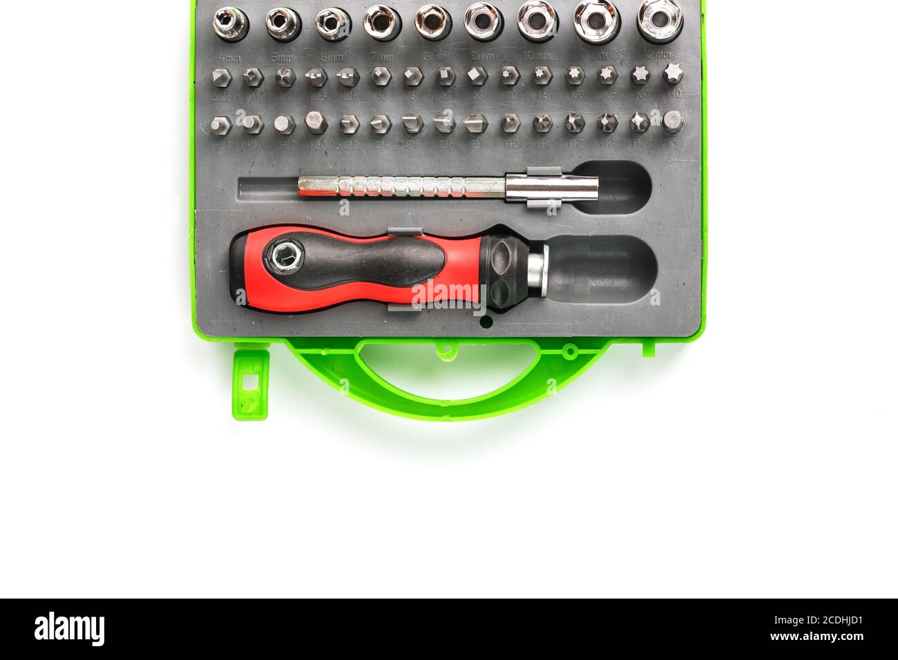 Tool box with attachments and bits of different shapes and sizes ...