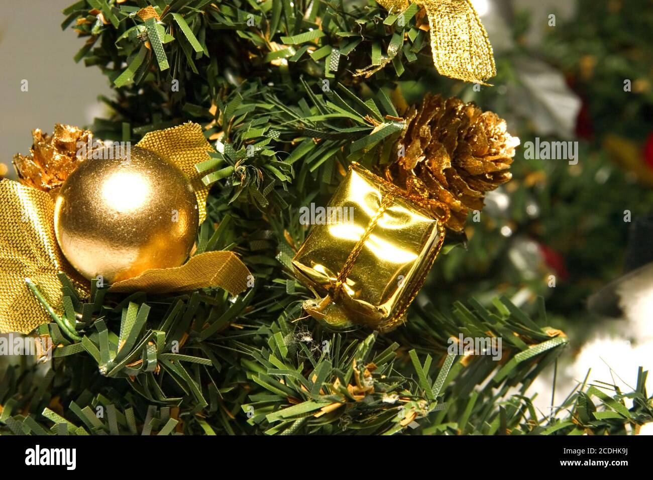 Artificial green fur-tree and New Year's toys of y Stock Photo - Alamy