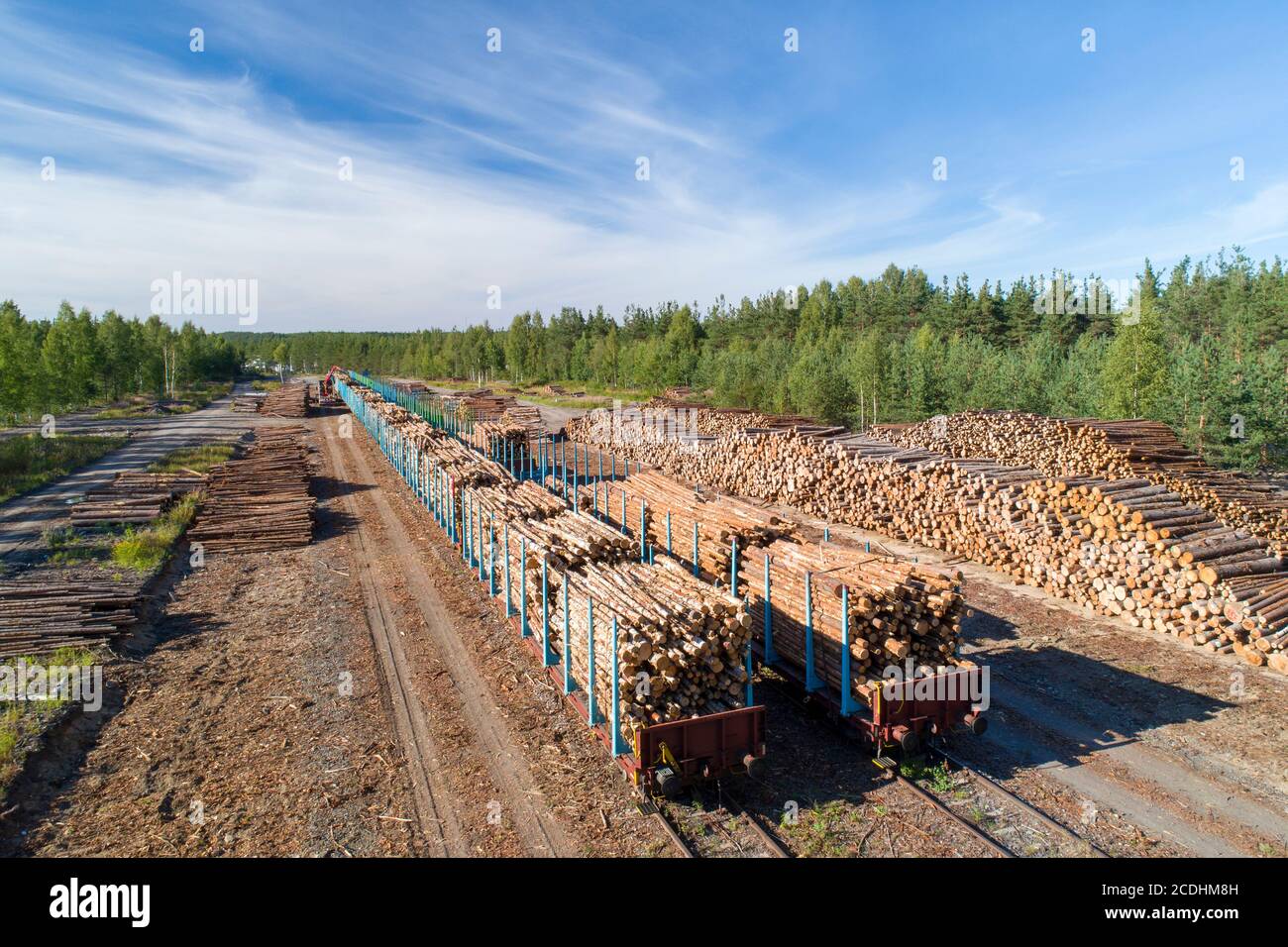 Aerial view of a railroad yard with log piles and train wagons loaded ...