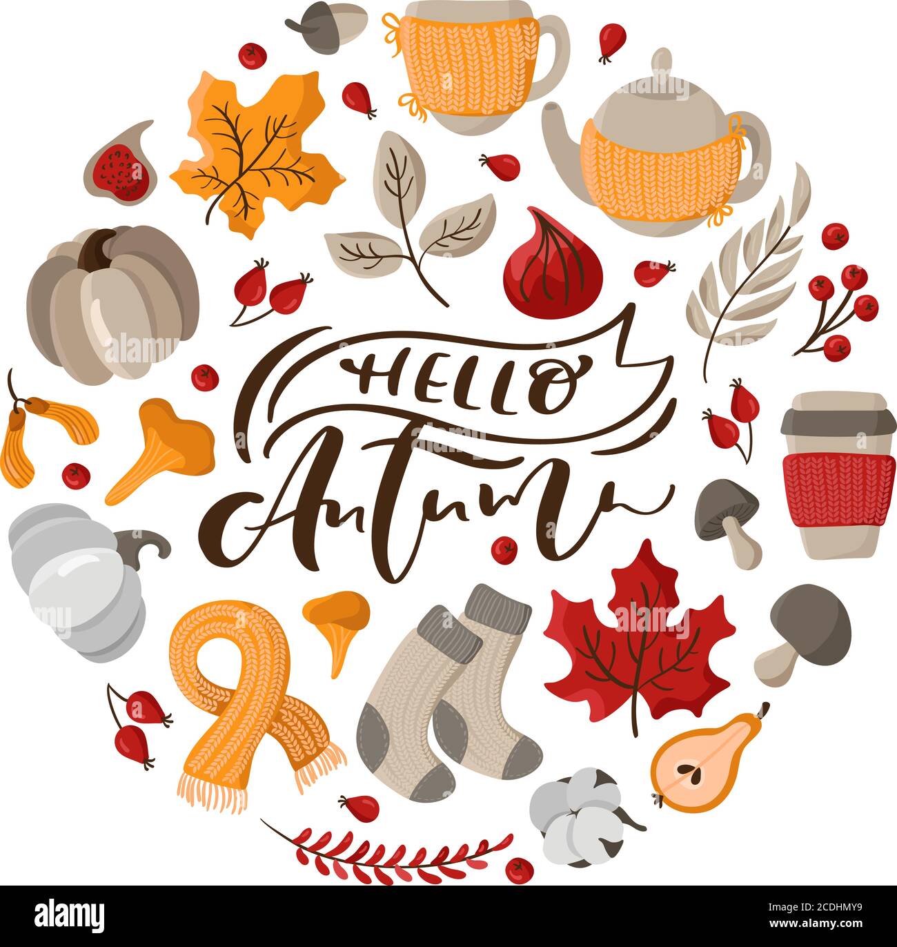 Hello Autumn Vector Calligraphy lettering text. Round background frame ...