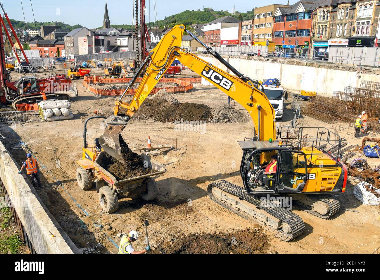 Pontypridd, wales - May 2018: An excavator working on the Taff Vale ...