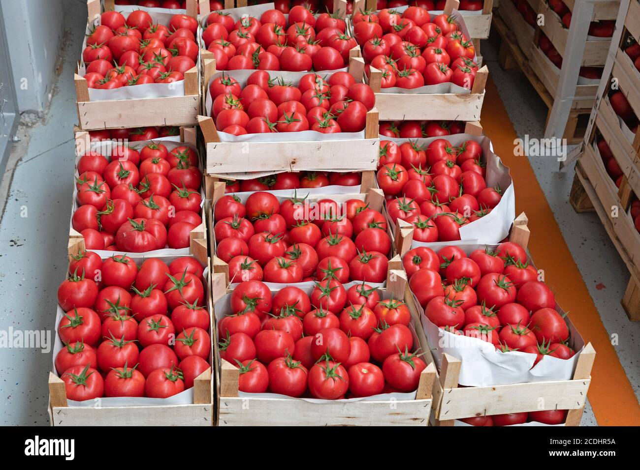 Crates of Red Tomatoes in Warehouse Storage Stock Photo - Alamy