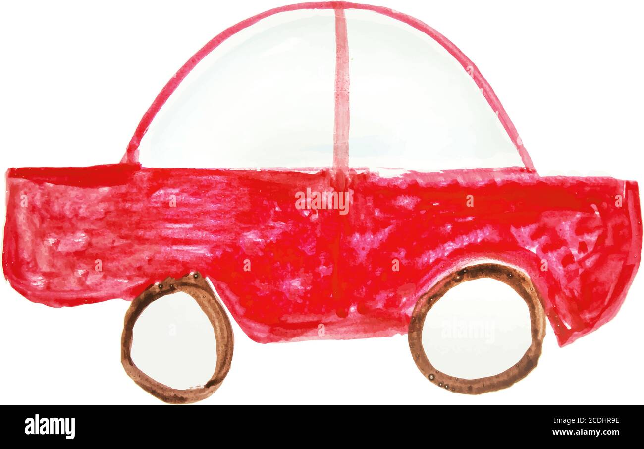 Cute red car drawing, watercolor vector illustration on white ...