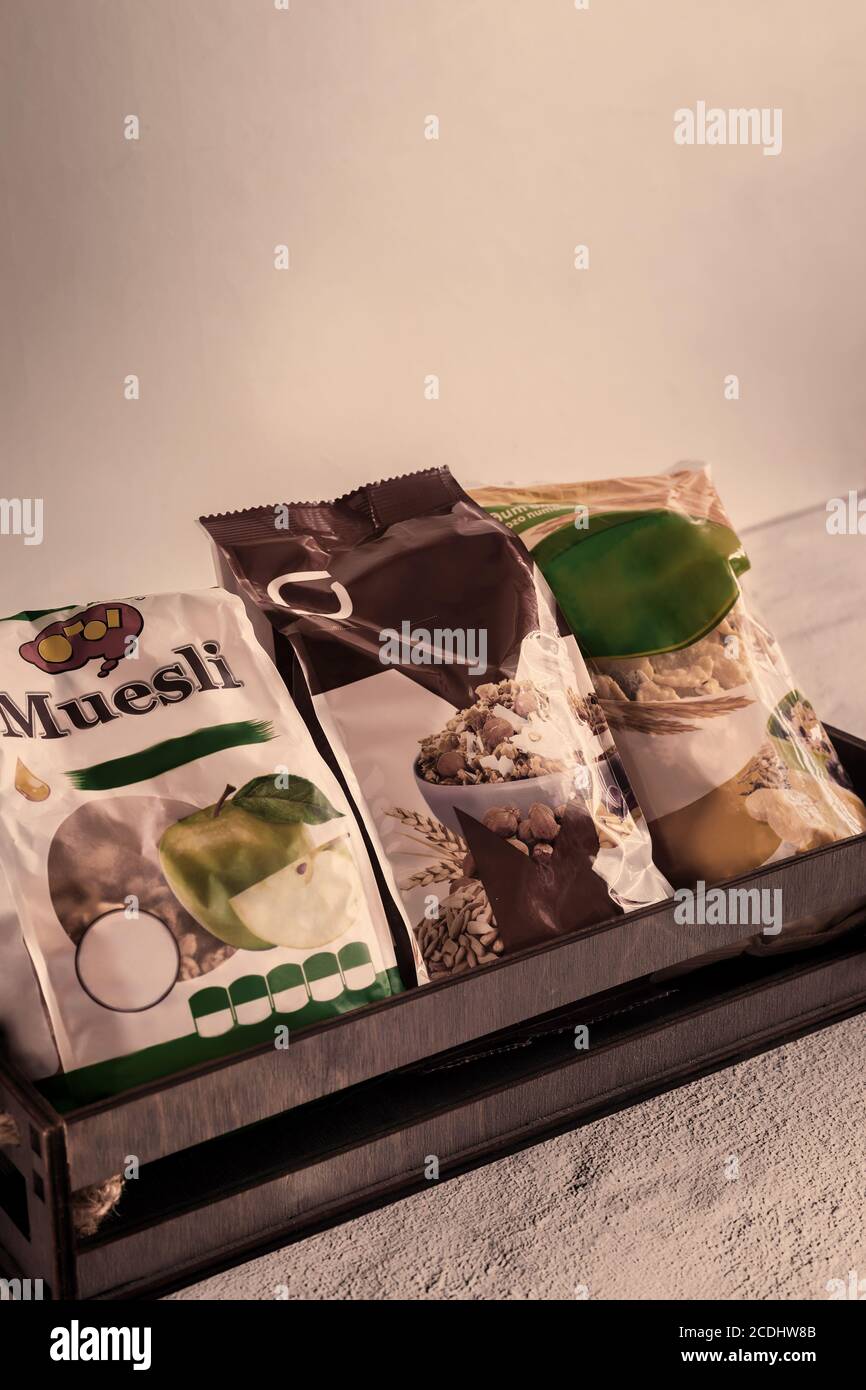 Delicious Breakfast: three types of muesli packages Stock Photo - Alamy