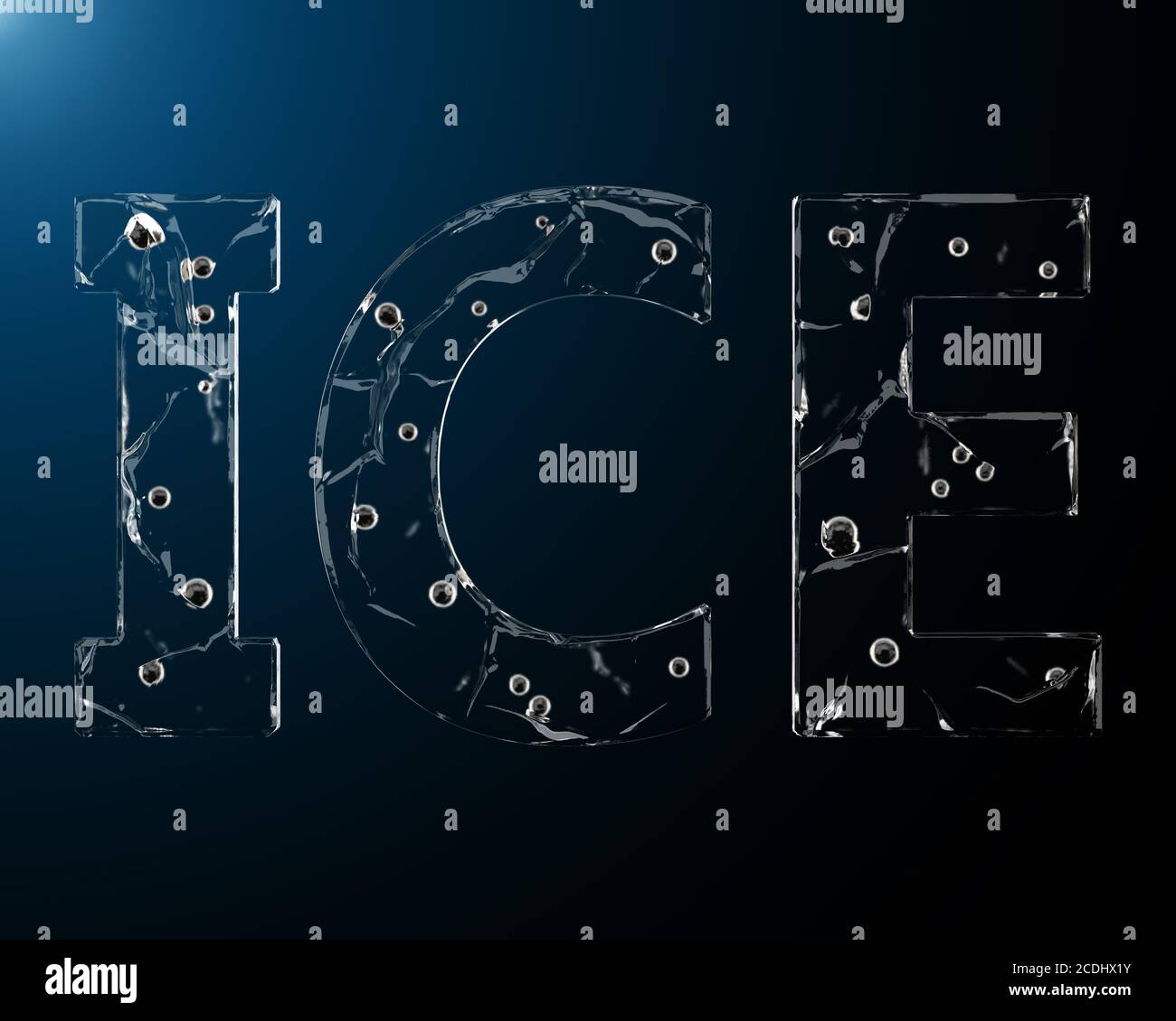 The word ice is made of ice with cracks and bullet holes on a dark ...