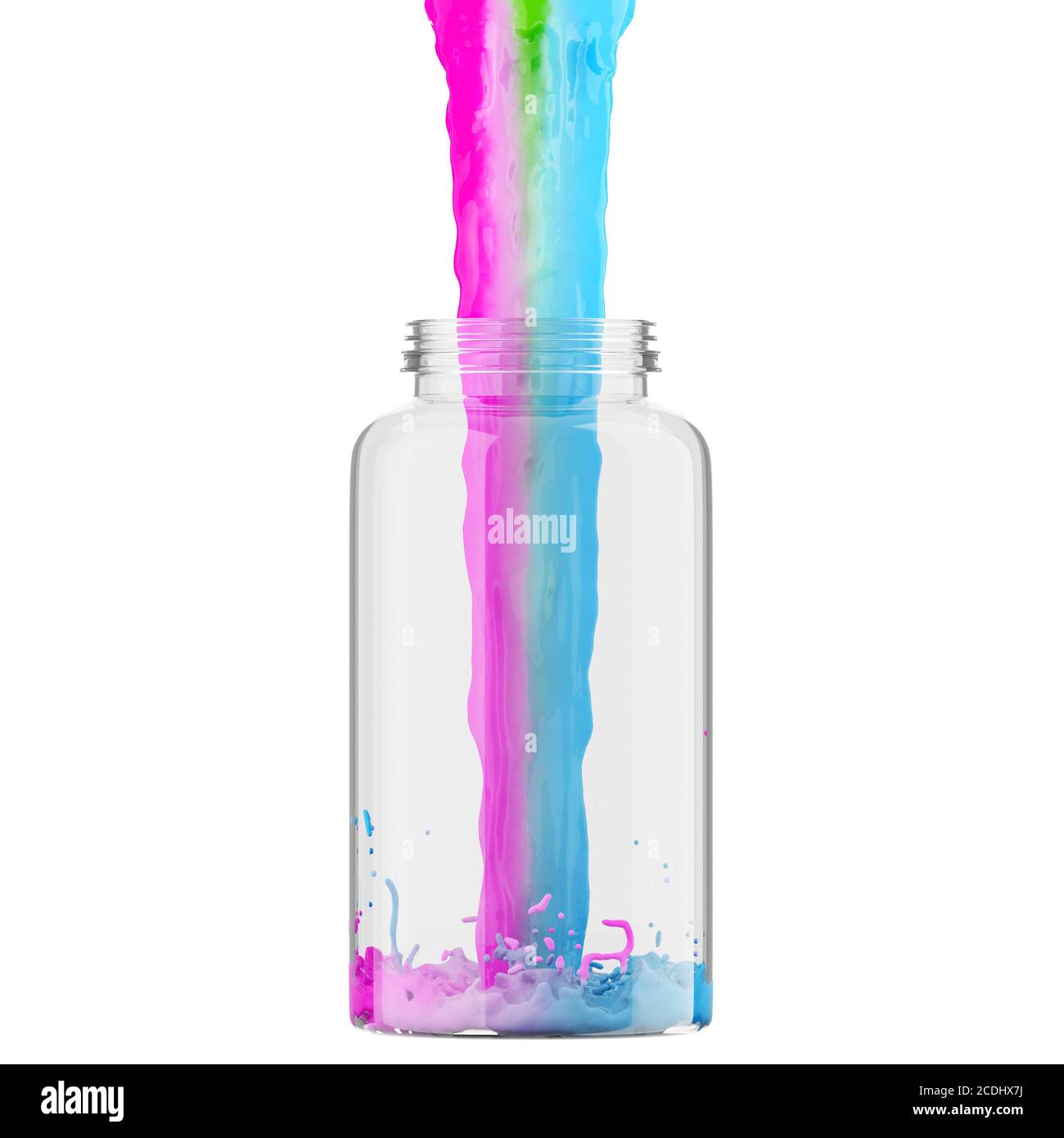Multi-colored paint pours into a transparent jar on a white background ...
