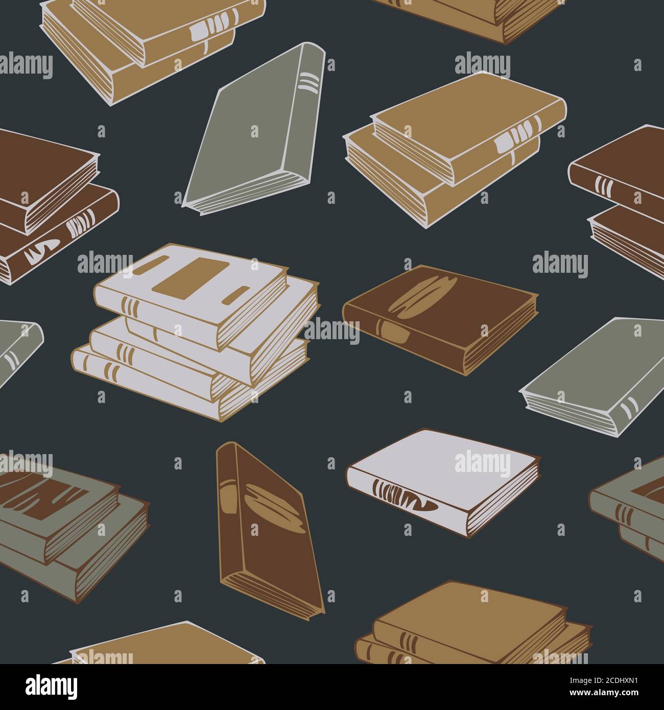 Vector seamless pattern of books and stacks of books isolated on a dark ...