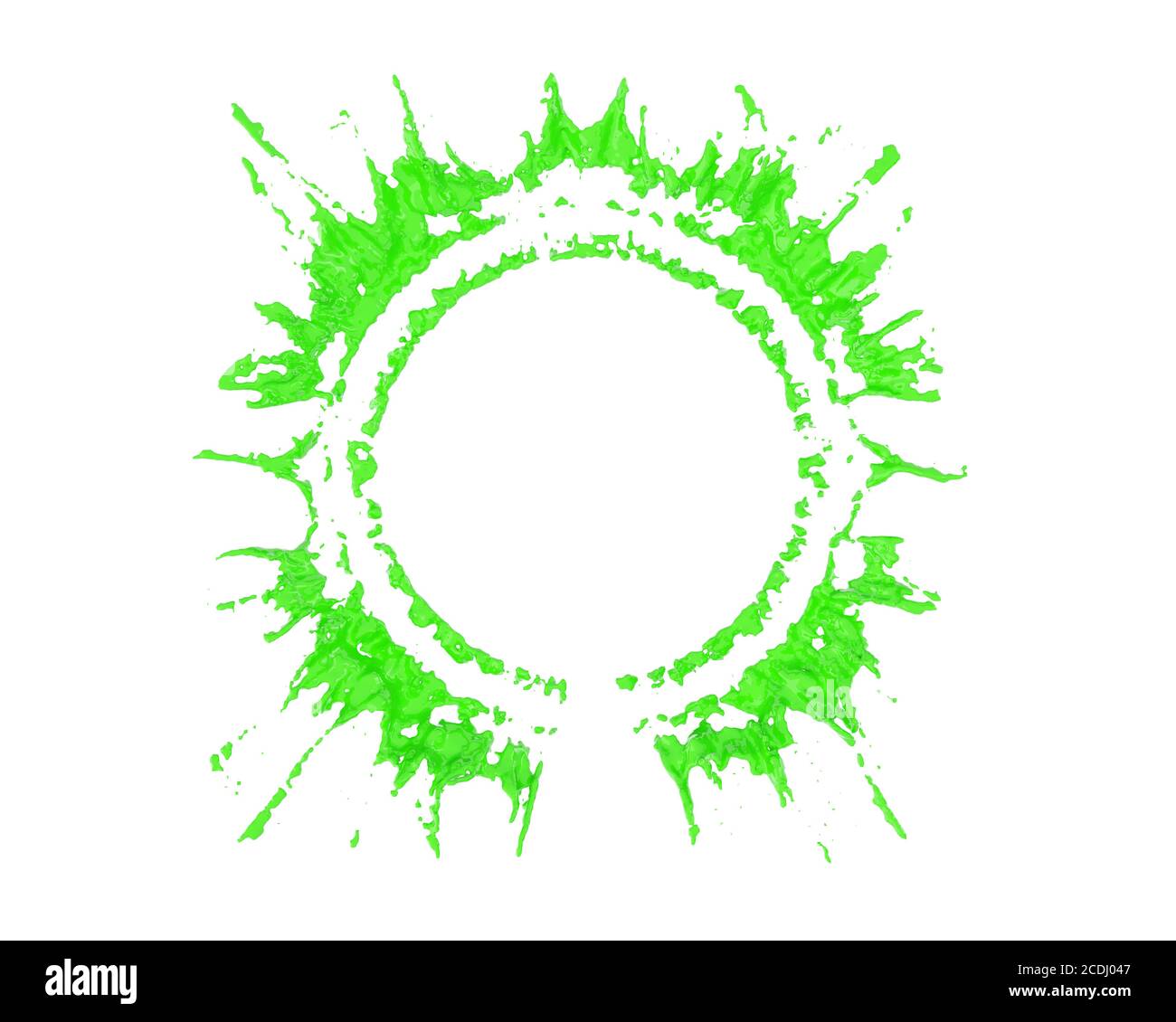 Splashes of green paint from a circle on a white background. 3D ...
