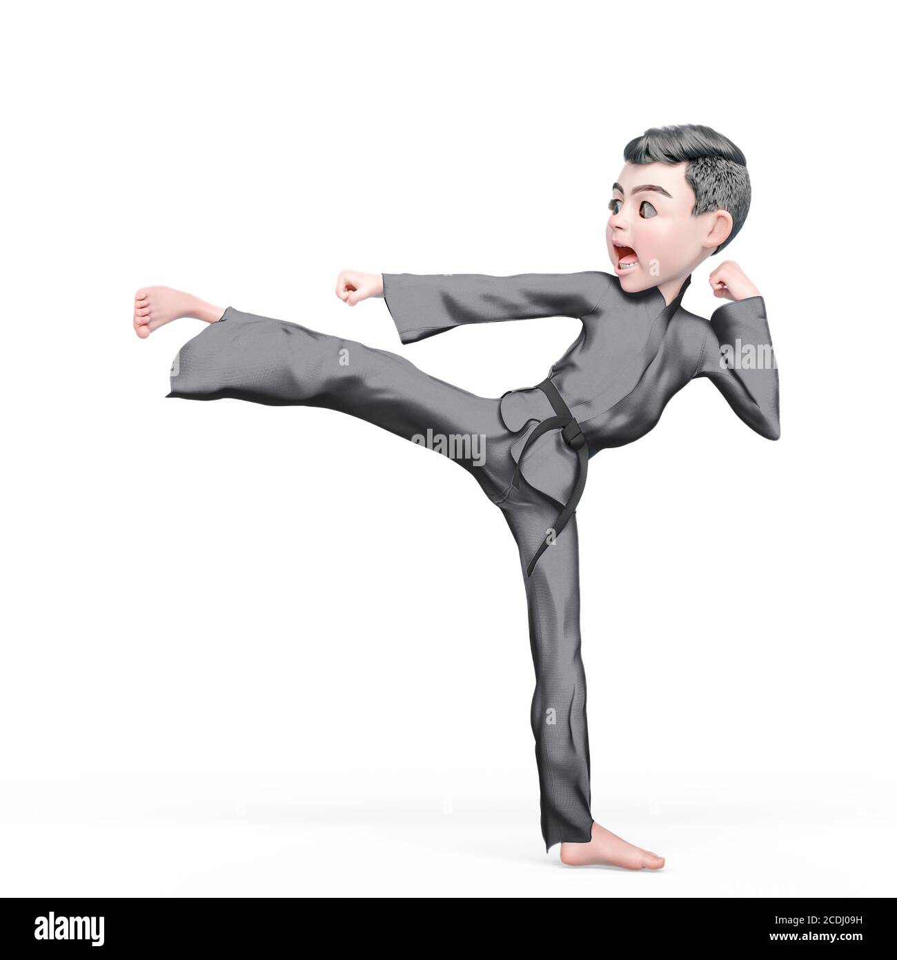 karate boy cartoon is doing a side kick, 3d illustration Stock Photo ...