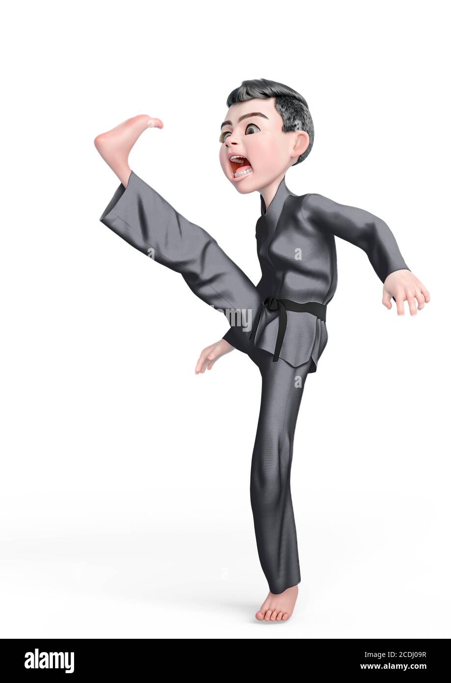karate boy cartoon is doing a angry kick, 3d illustration Stock Photo ...