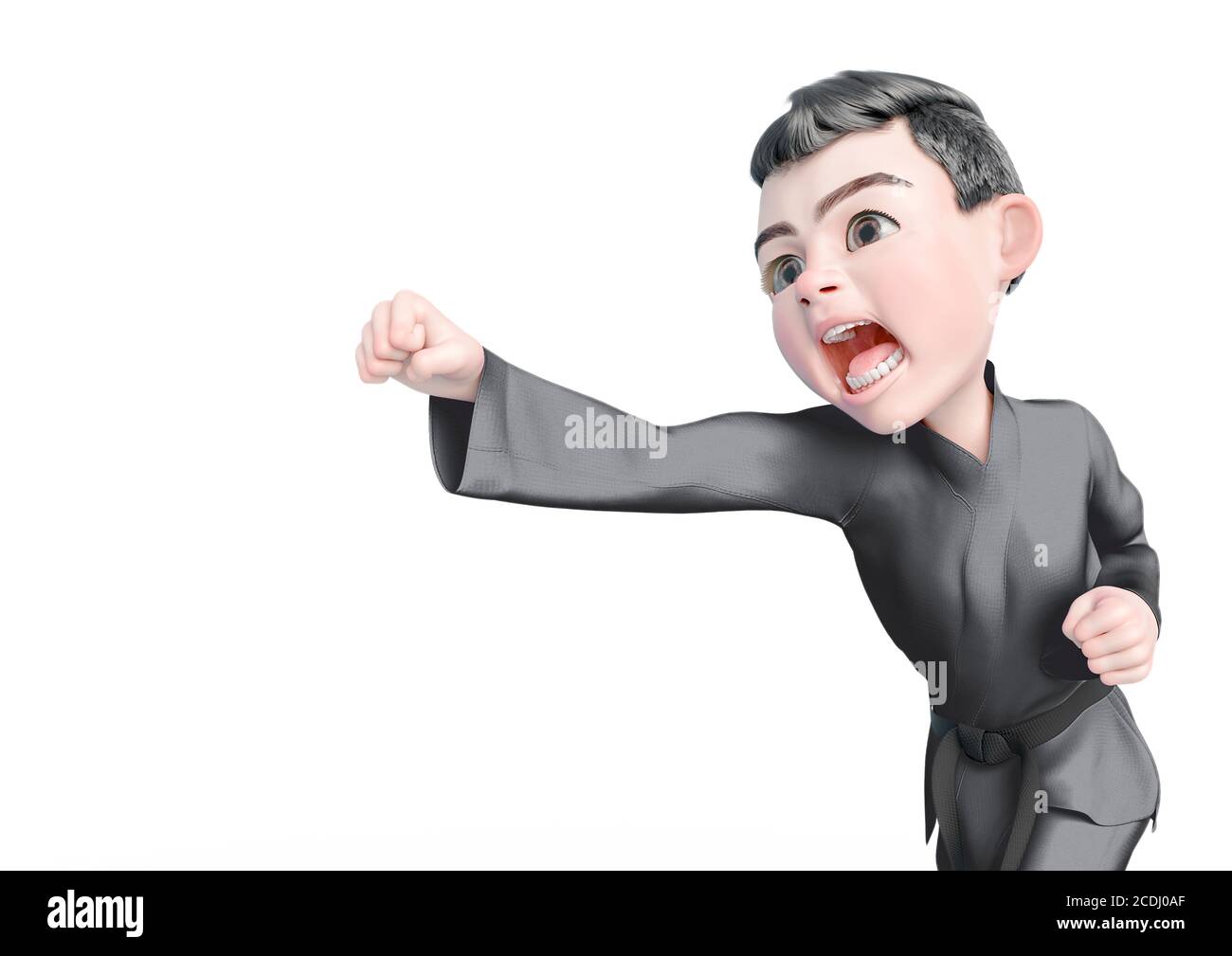 karate boy cartoon is doing a angry punch side view, 3d illustration ...
