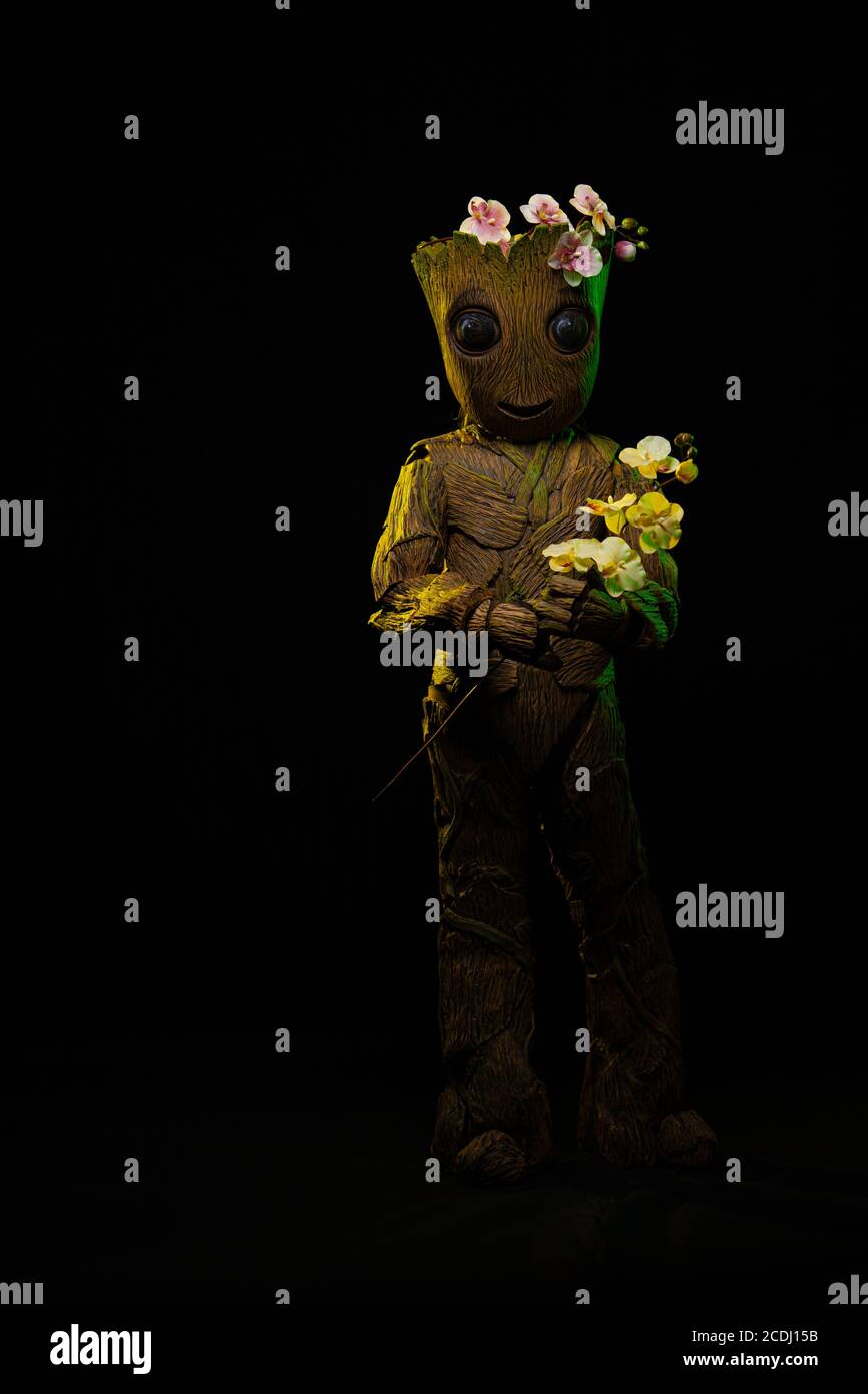 Big toy character, costume tree with twigs and flowers Stock Photo - Alamy