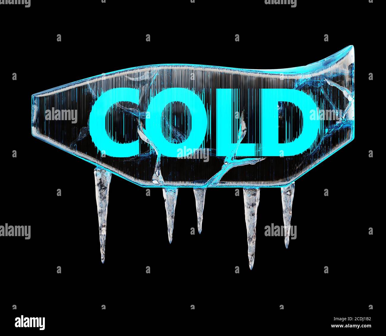 The word cold is frozen in a piece of ice with hanging icicles on a ...