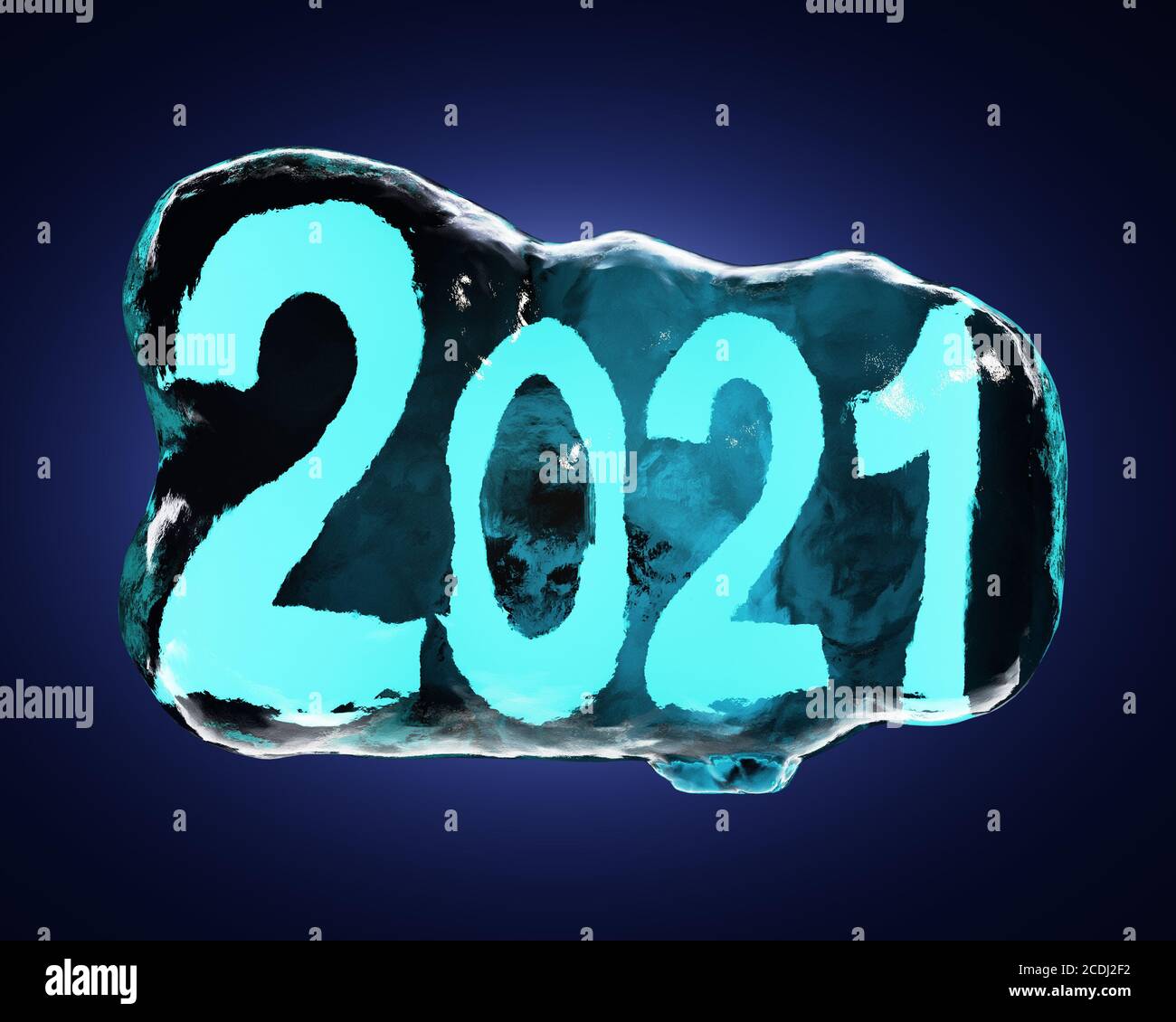 The numbers two thousand twenty one are frozen in ice on a dark ...