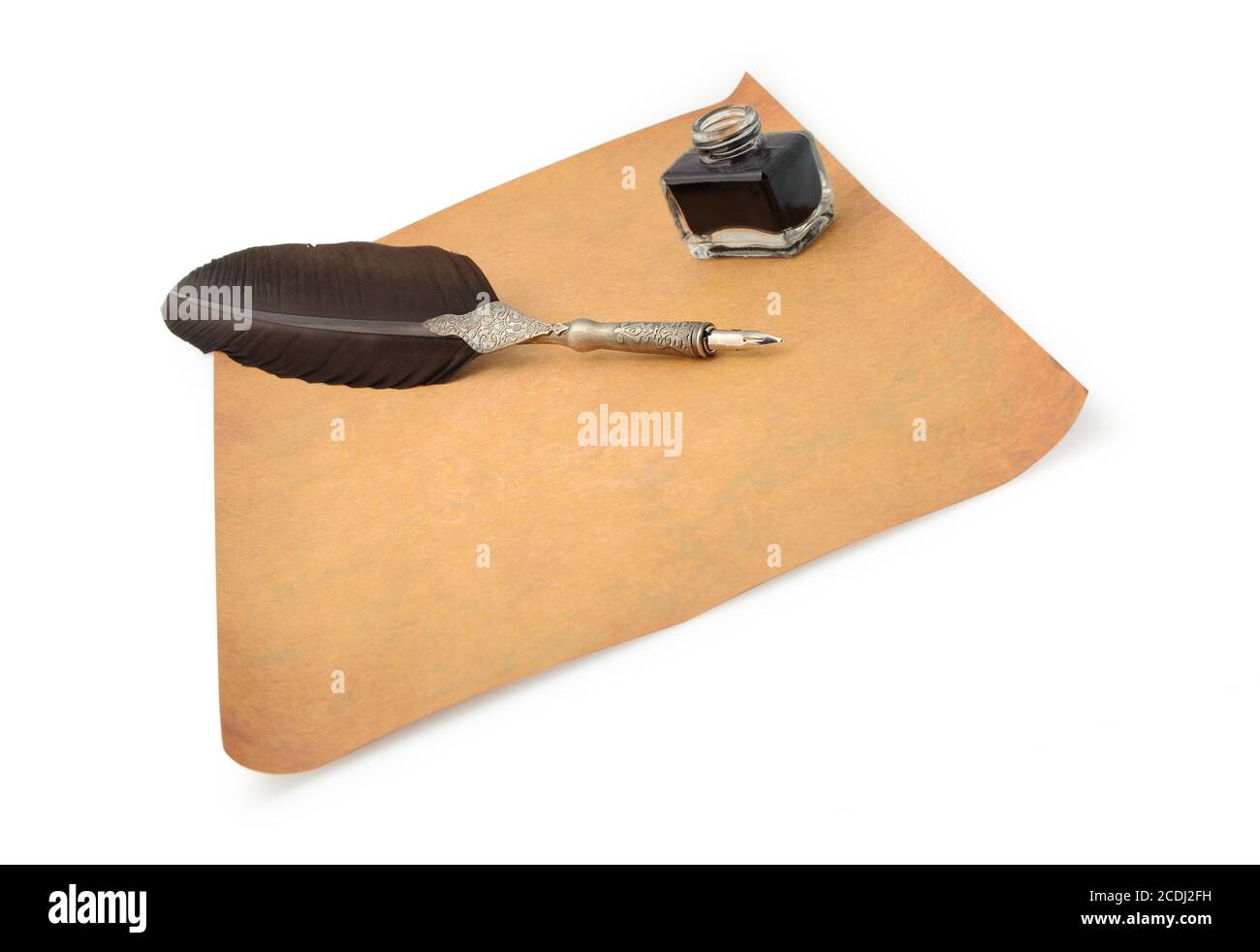 Feather quill and inkwell on an old paper Stock Photo - Alamy