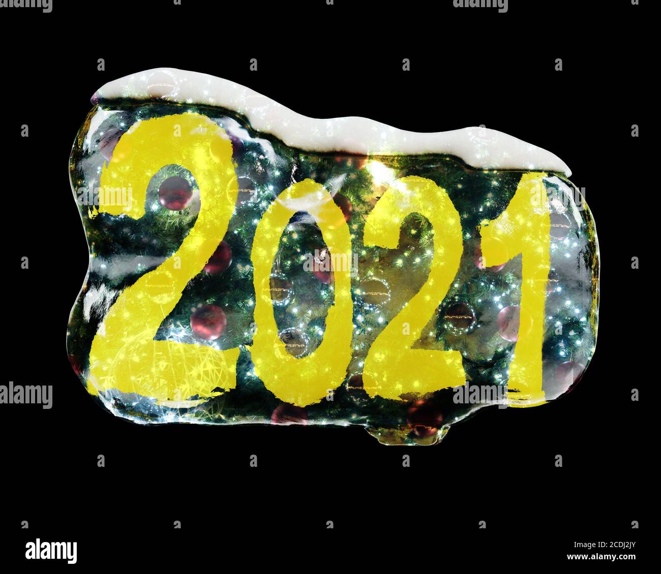 The numbers two thousand twenty one are frozen in a transparent piece ...