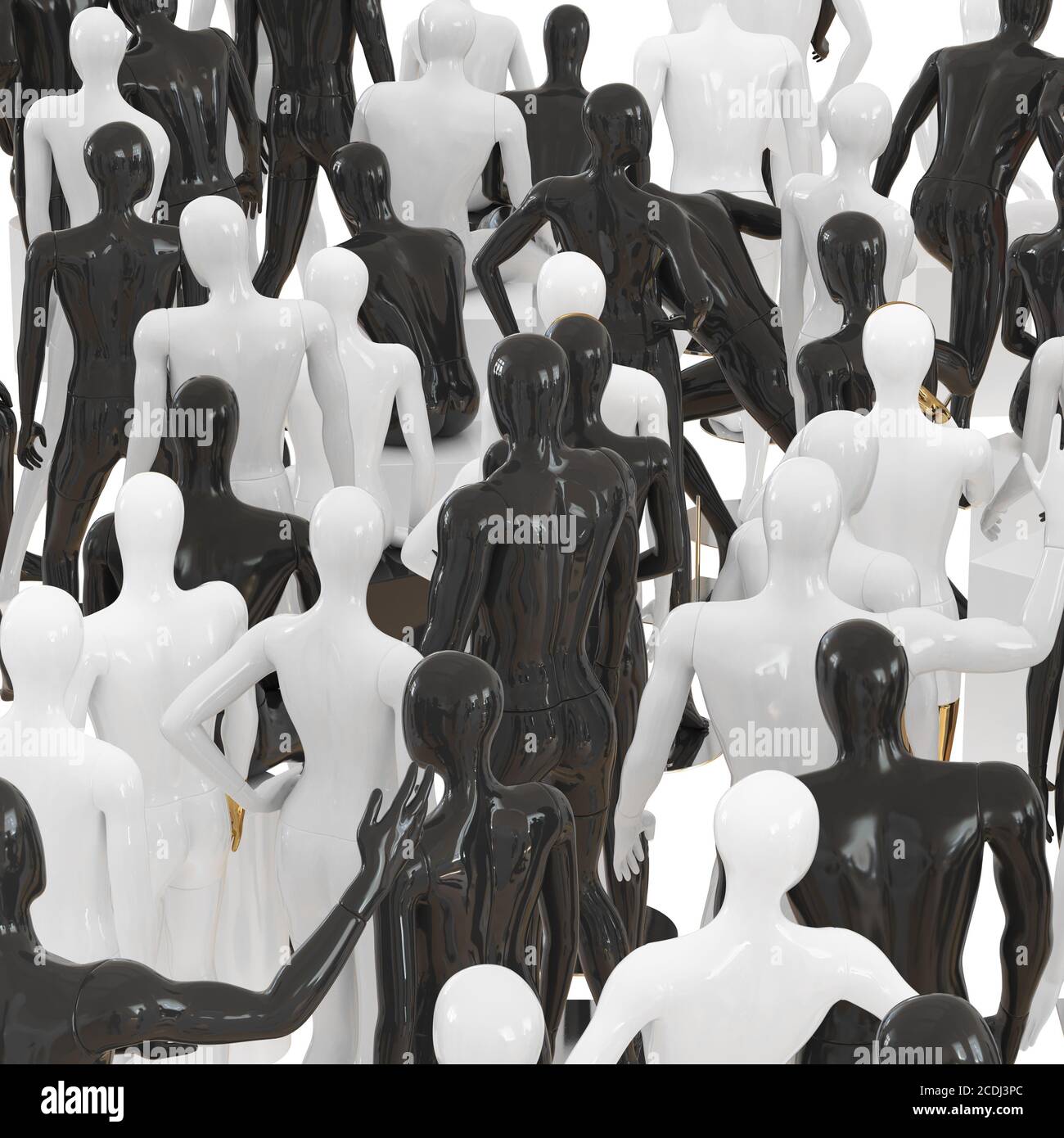 Large group of plastic mannequins look from the back. 3d rendering ...