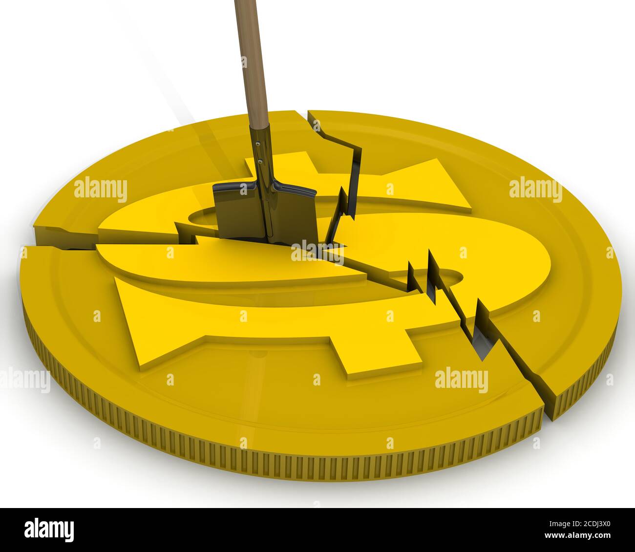 Mining of the USA currency. Shovel stuck into the gold coin with the ...