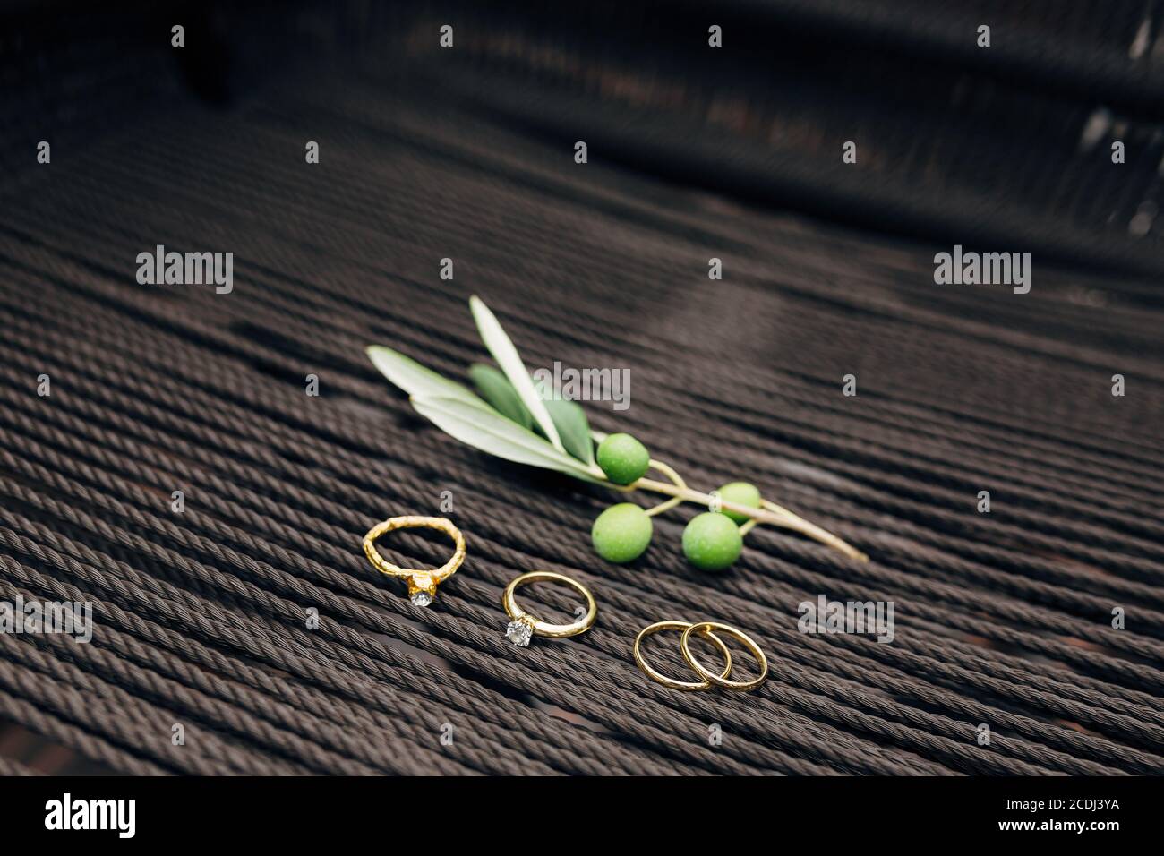 Gold wedding rings of the bride and groom, engagement ring and foil ...