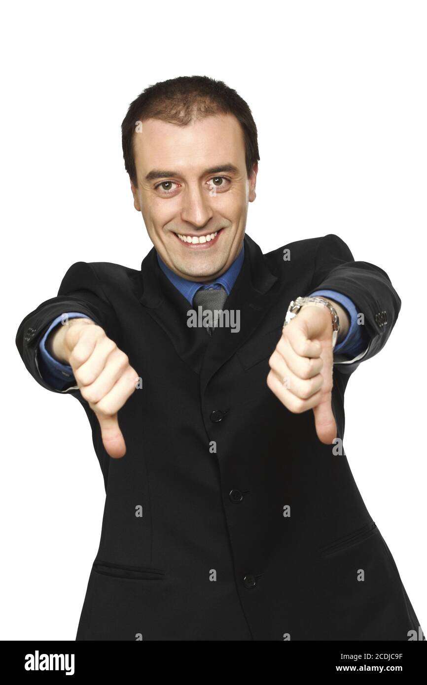 smiling man thumbs down Stock Photo - Alamy