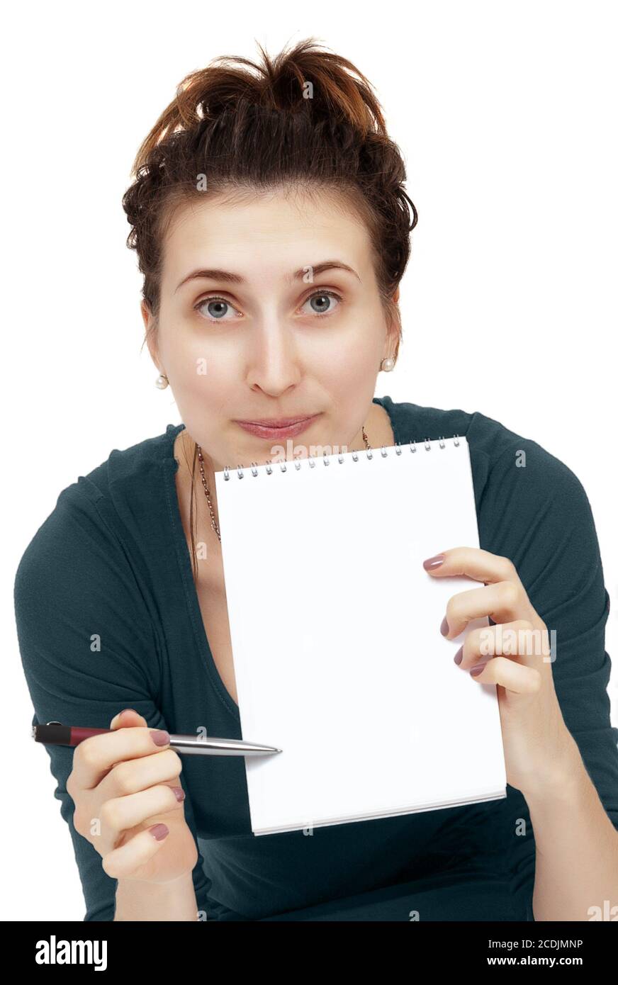 woman shows an entry in a notebook on a white background Stock Photo ...