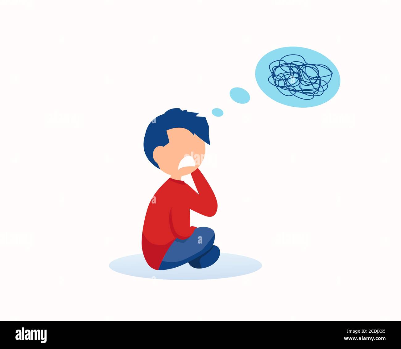 Vector of a young frustrated boy sitting having bewildered thoughts in ...
