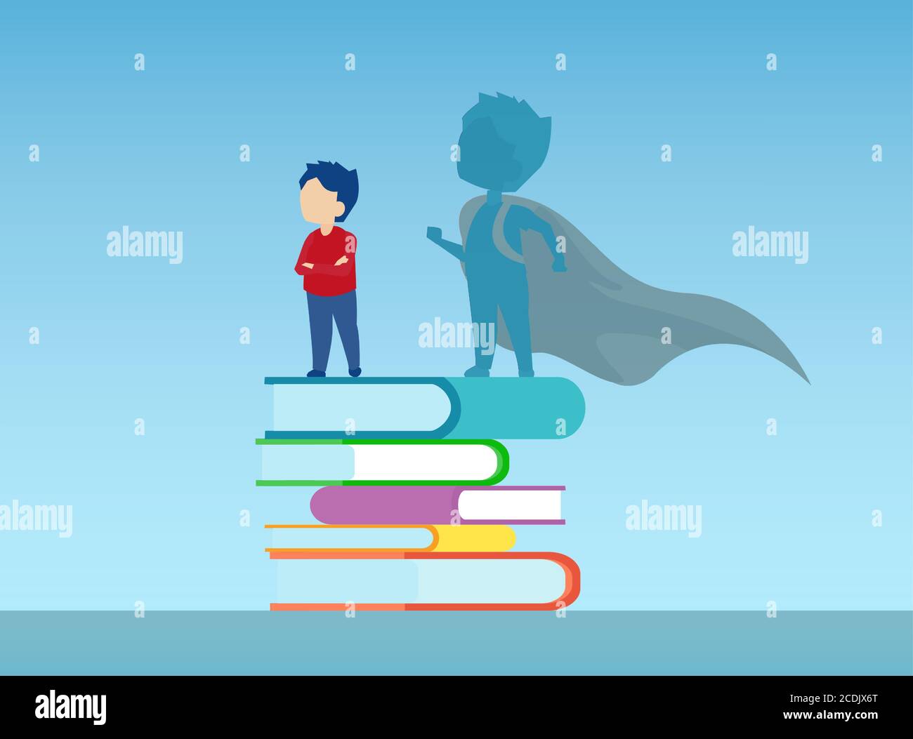 Vector of a confident boy standing on a pile of books with super hero ...