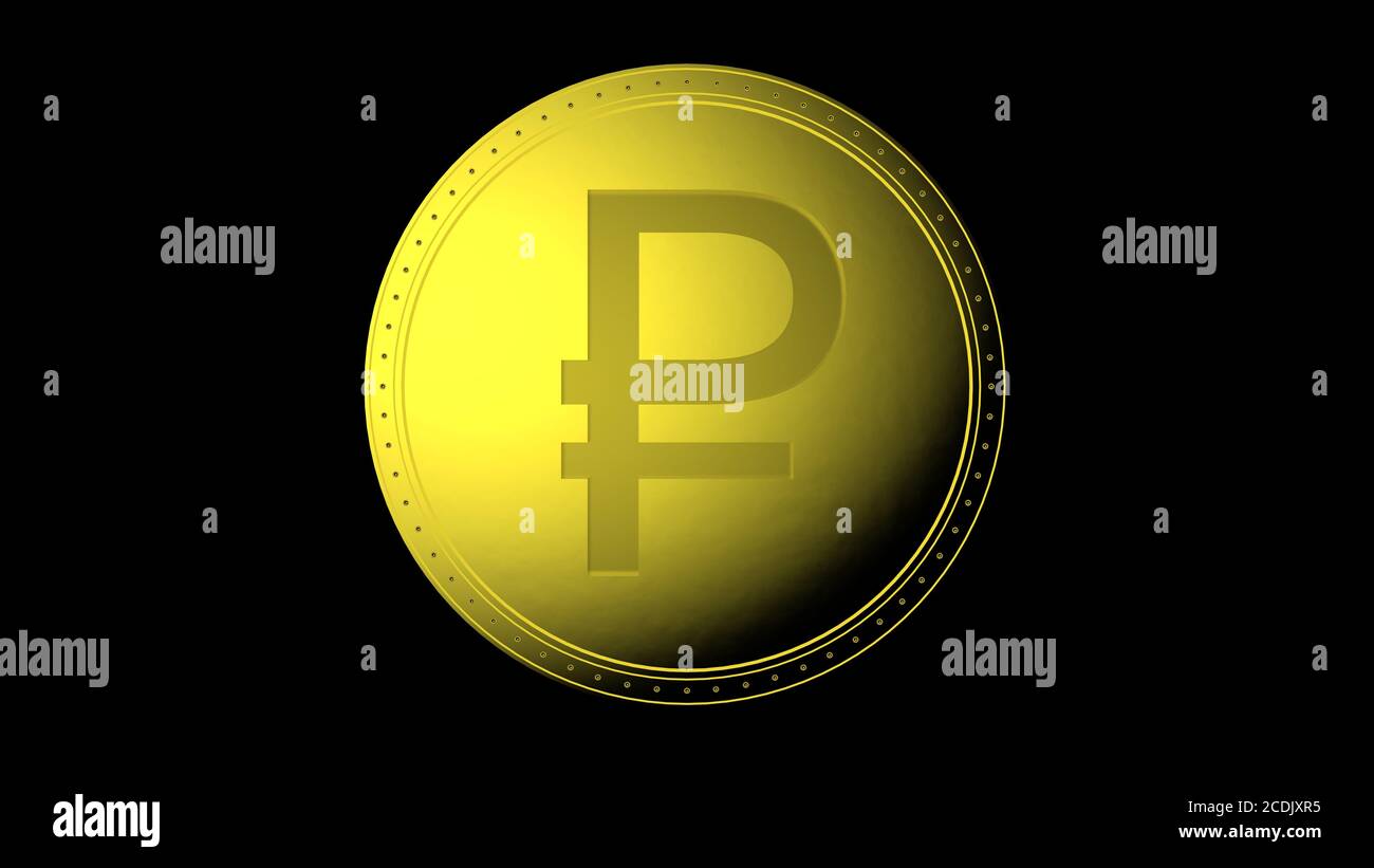 Yellow golden ruble coin Isolated with black background. 3d render ...
