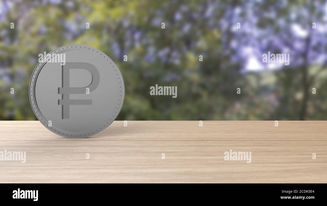 Gray ruble coin Isolated over forest trees blur. 3d render isolated ...