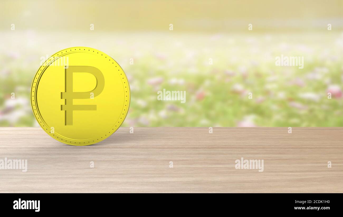 Yellow gold ruble coin Isolated on blur field of flowers background. 3d ...