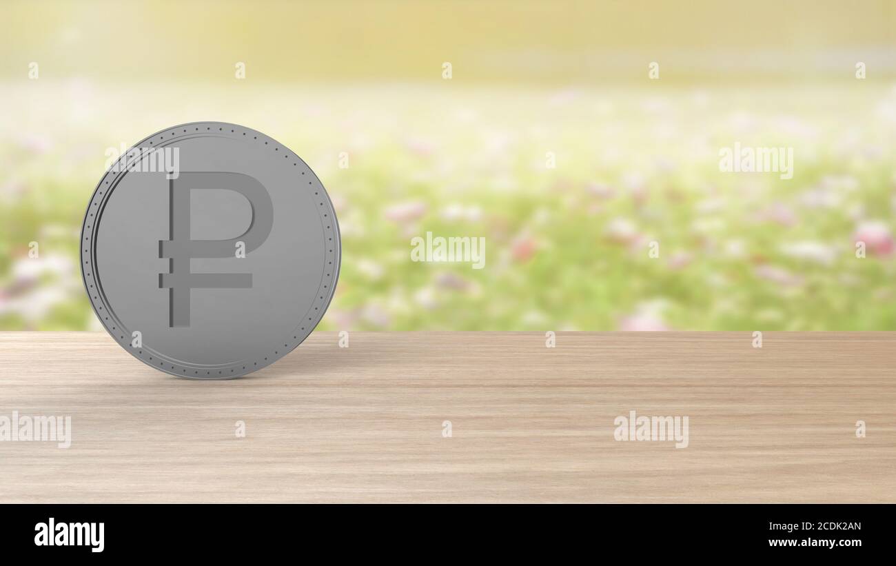 Gray ruble coin Isolated on blur field of flowers background. 3d render ...