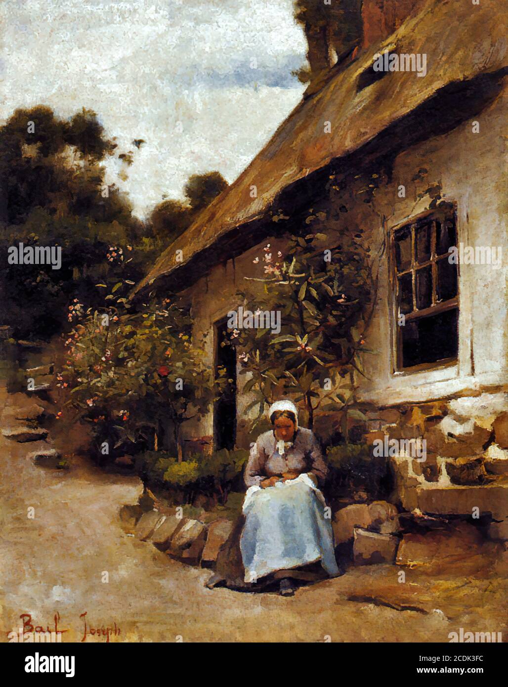 Bail Joseph - Woman Sewing in Front of Her Cottage - French School ...