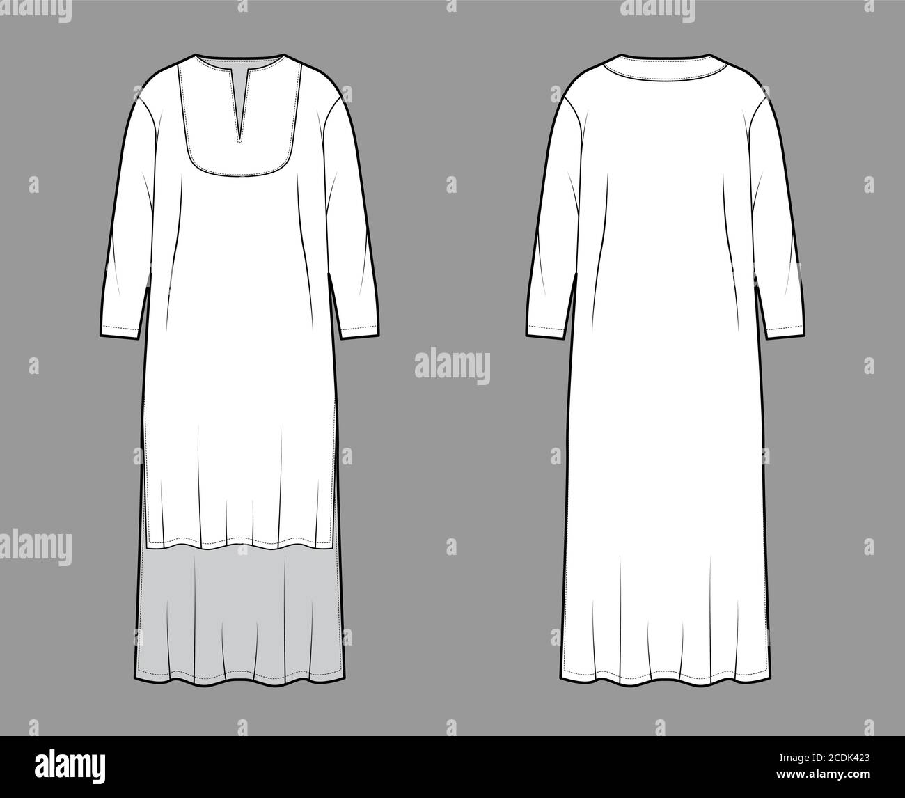 Tunic cadi dress technical fashion illustration with kaftan neck, long ...