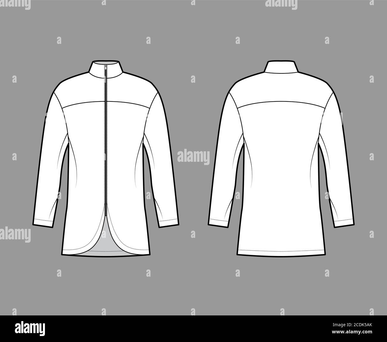 Zip-up shirt technical fashion illustration with relaxed fit, high ...