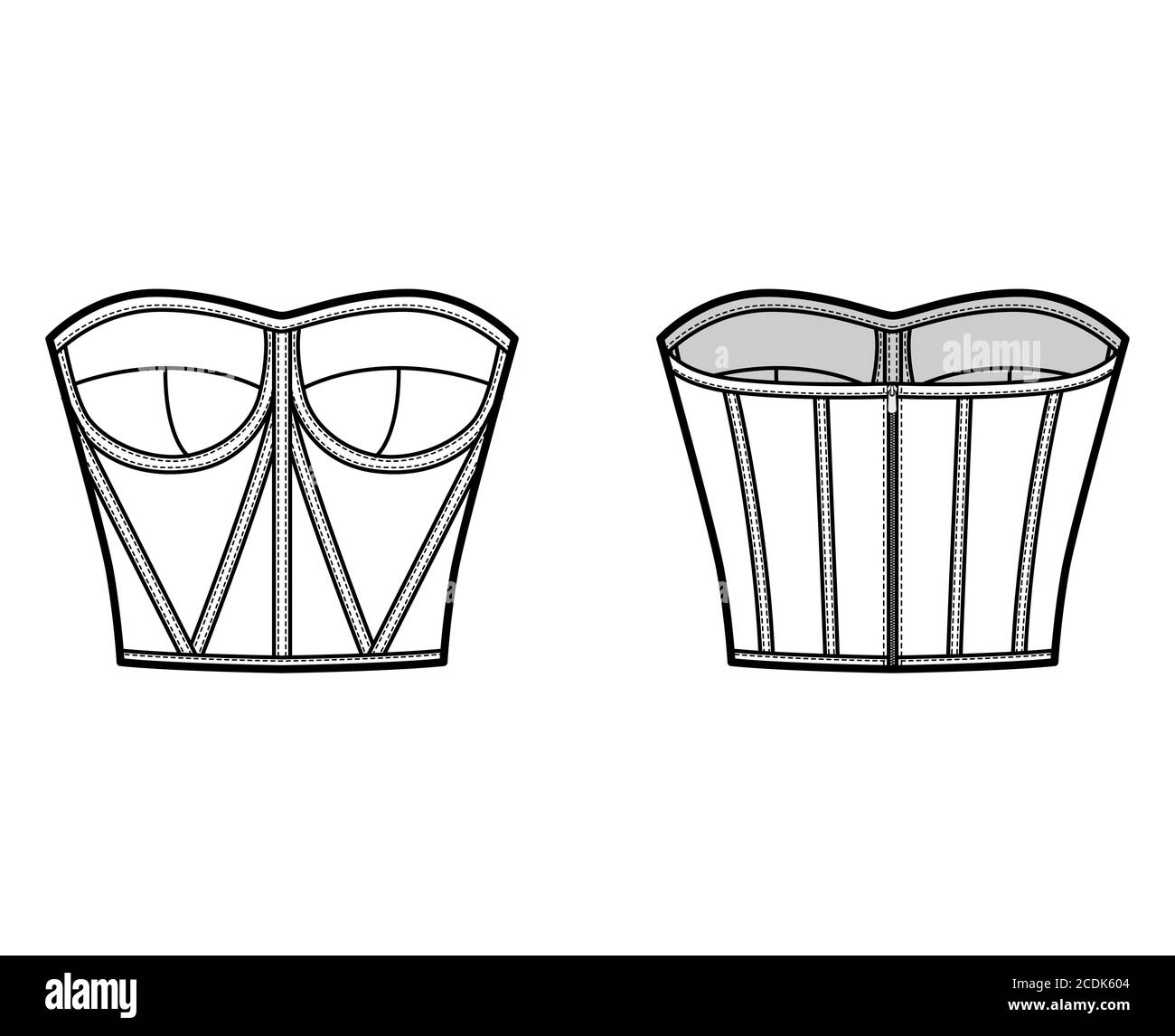 Corset-style bustier top technical fashion illustration with molded ...