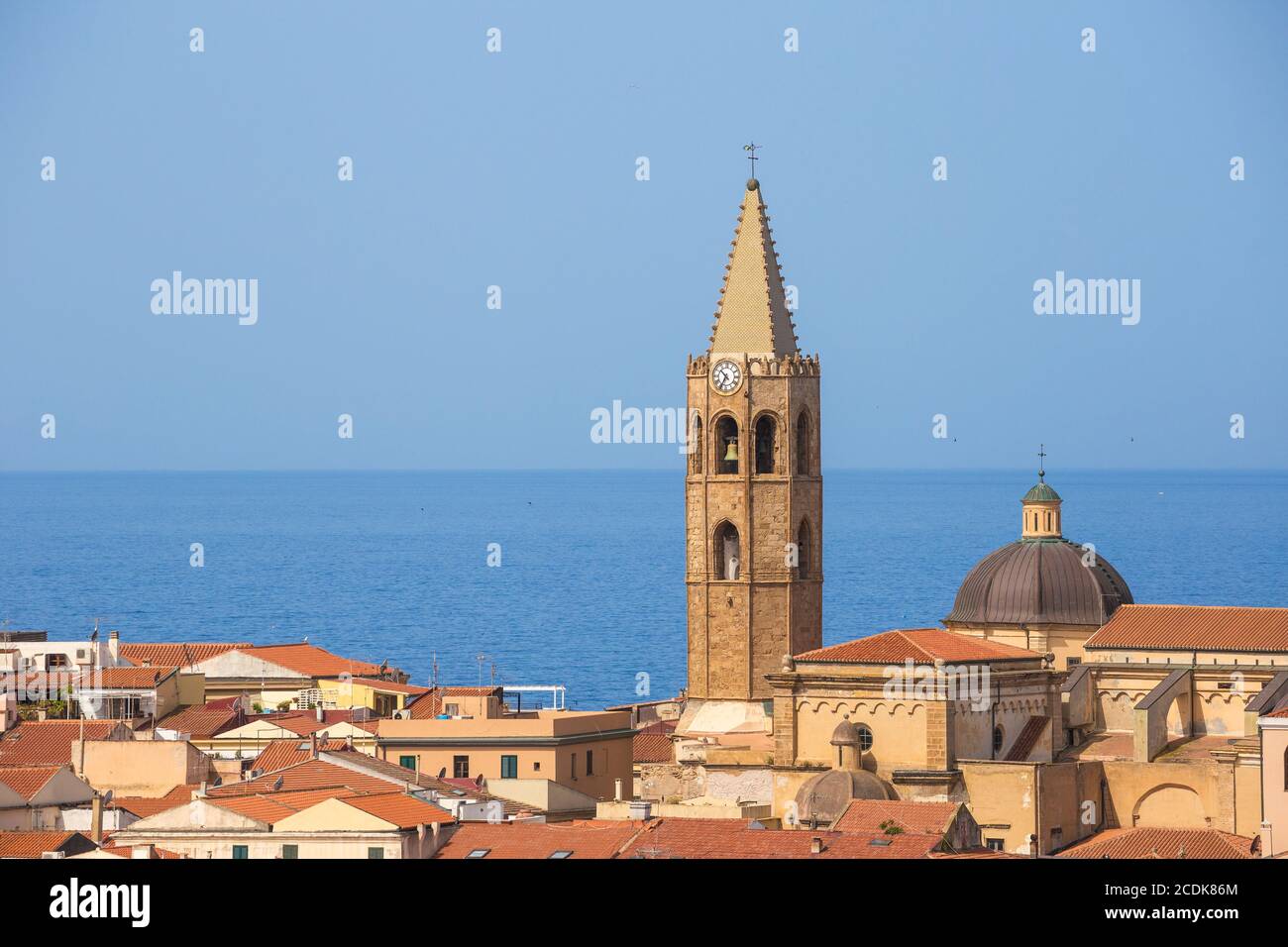 Italy, Sardinia, Alghero, View of historical center towards San ...